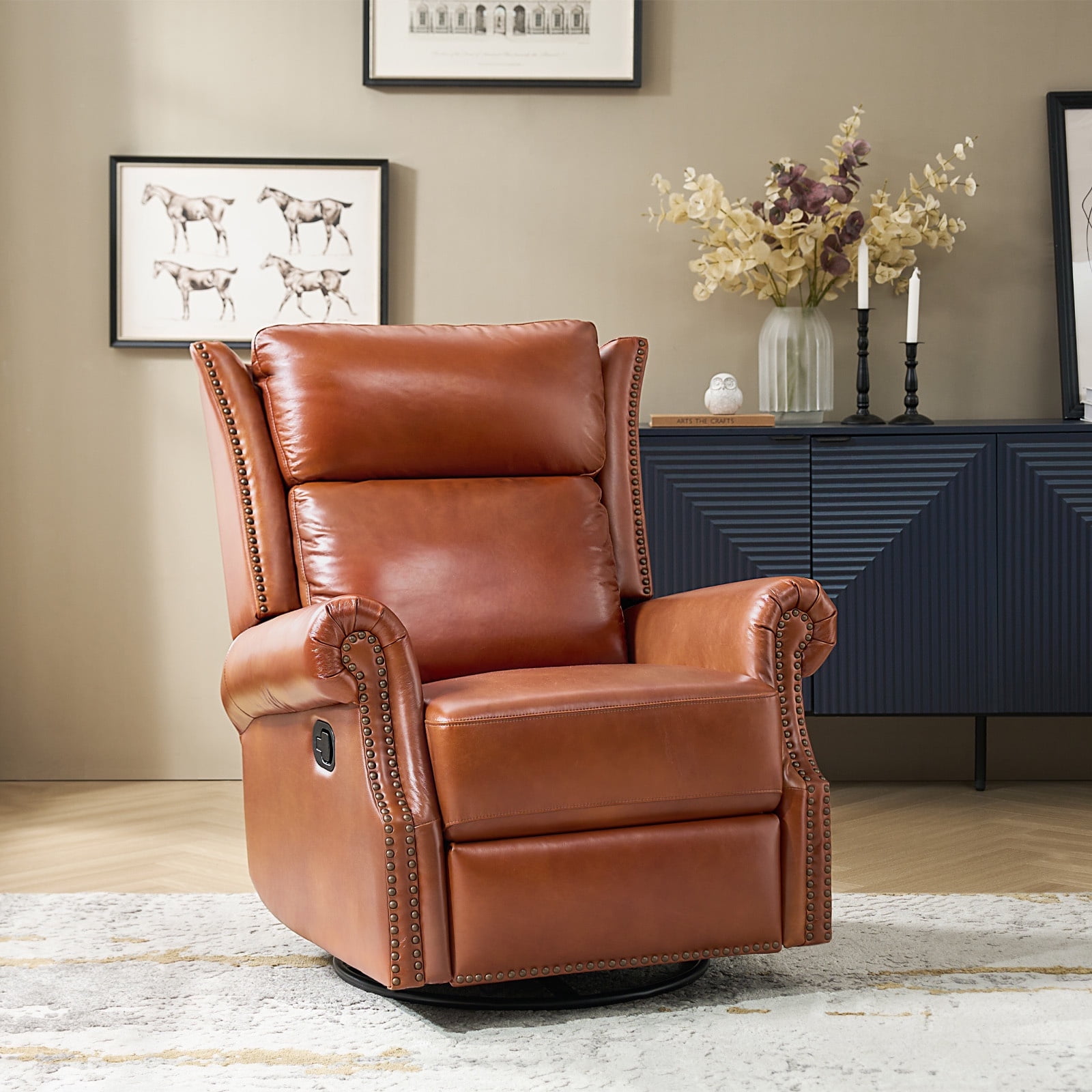 Power Genuine Leather Recliner Chair with Nailhead Trim Swivel Rocking ...