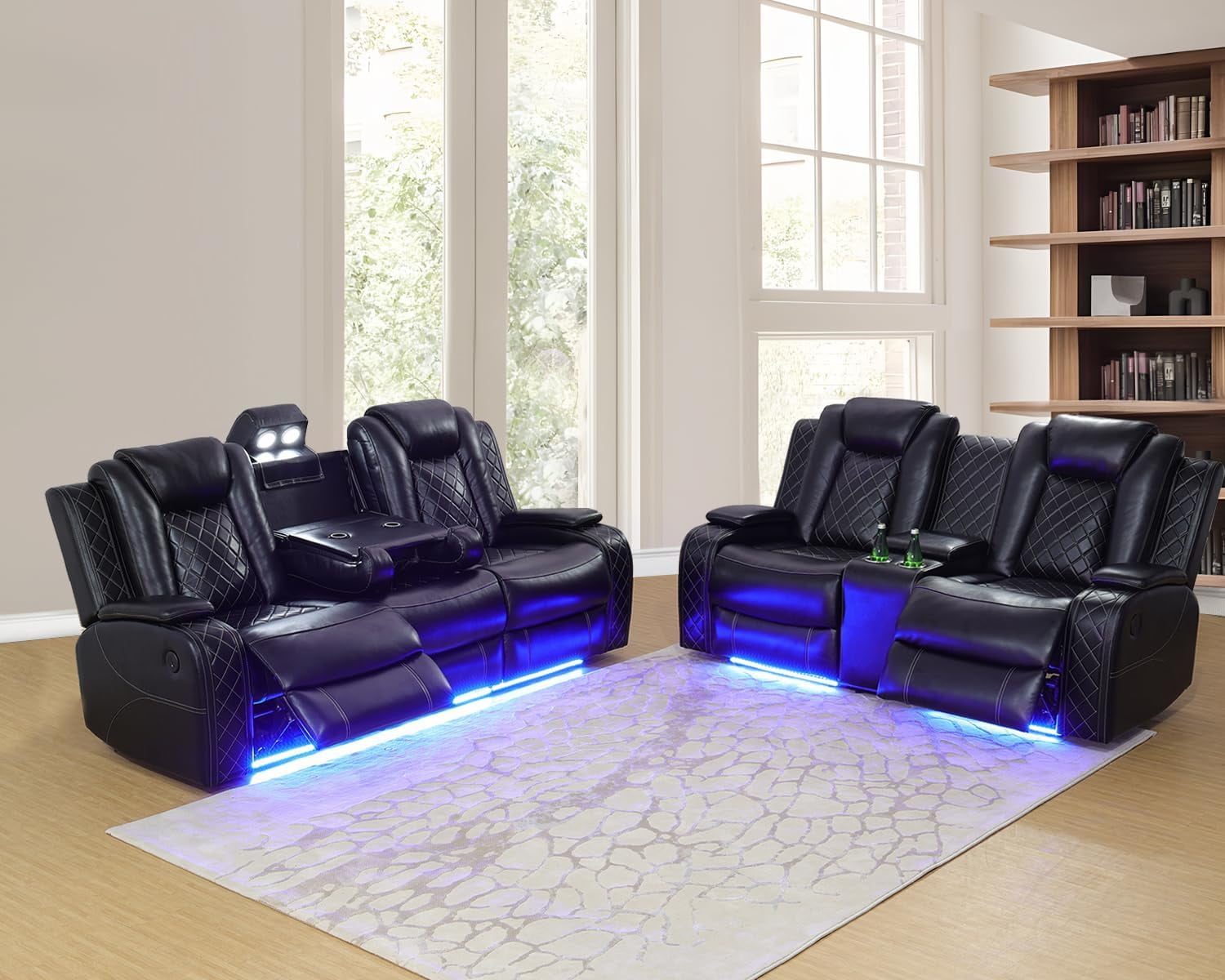 Power Leather Recliner Sofa Set with LED Lights,Leather Couch Set ...