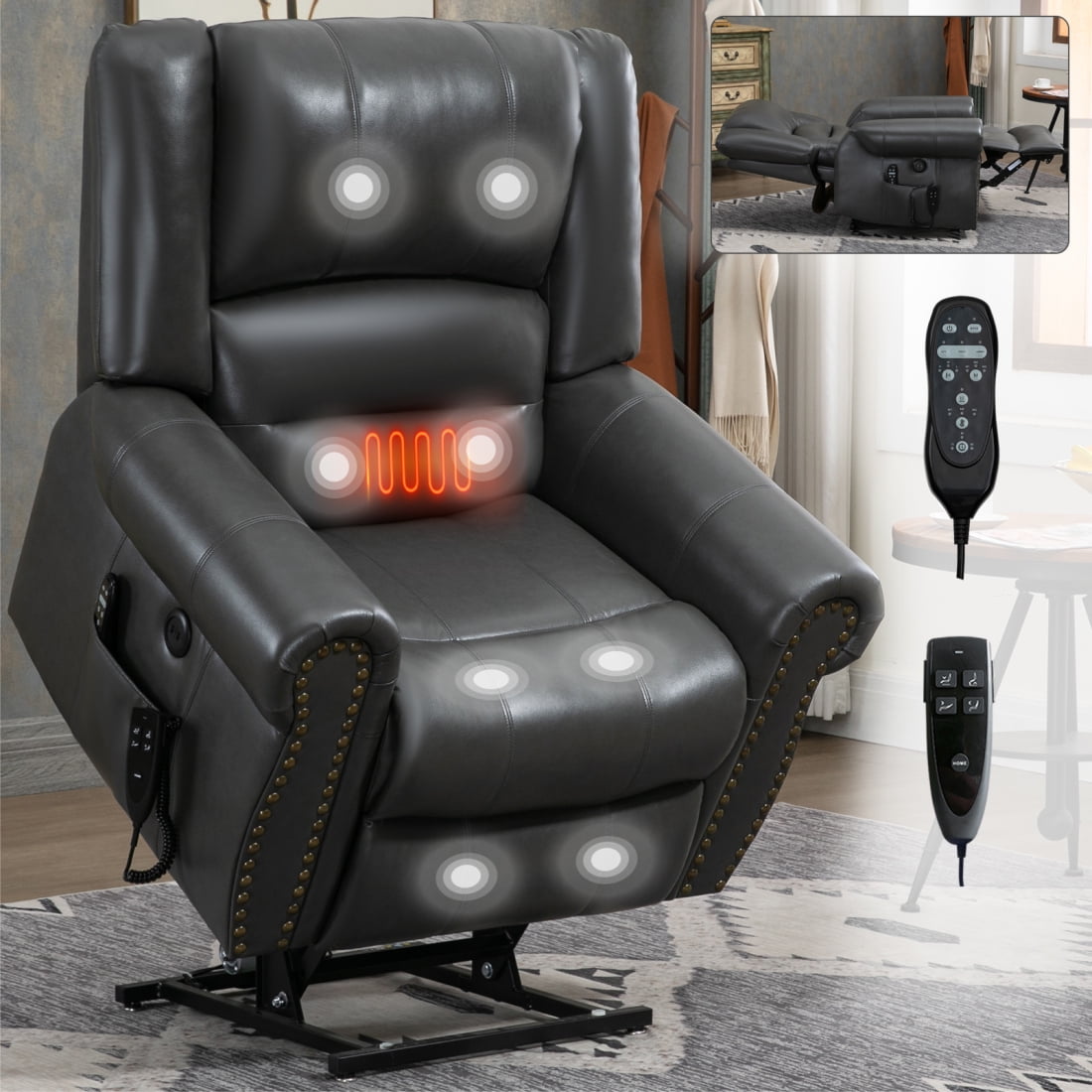 Power Lift Recliner Chair Heat Massage Dual Motor Infinite Position Up ...