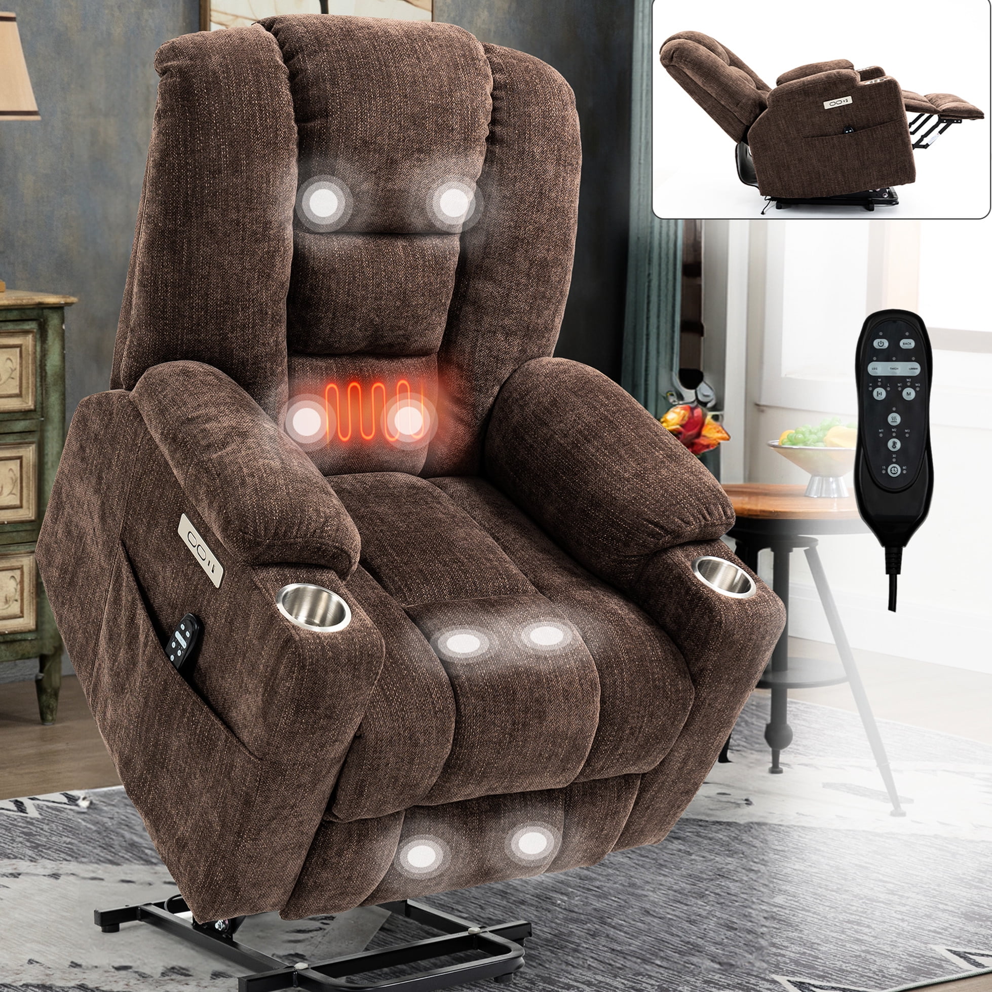 Power Lift Recliner Chair With Heat & Massage - Overstuffed, Brown ...