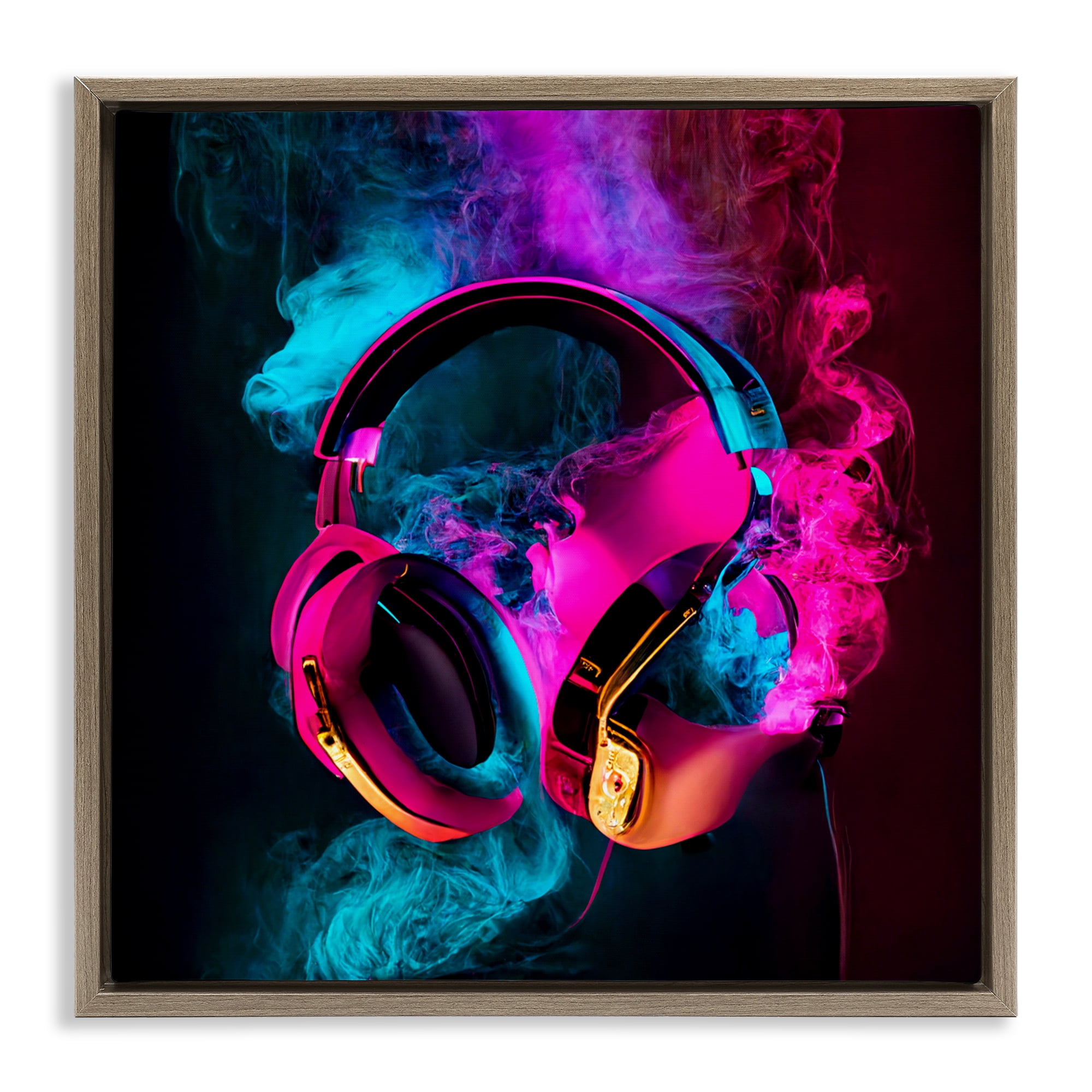 Power Play Pink & Blue Headphones Brown Framed Floater Canvas Wall Art ...