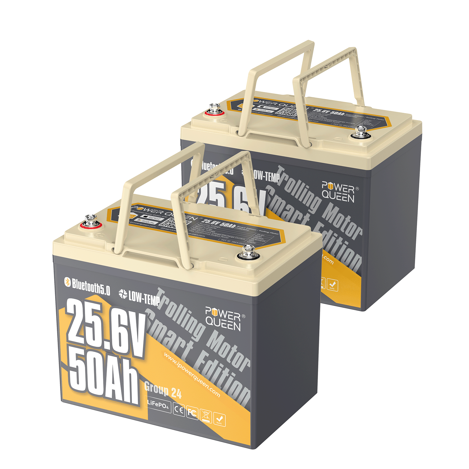 Power Queen 2 Packs 24V 50Ah TM Bluetooth LiFePO4 Battery for Marine ...