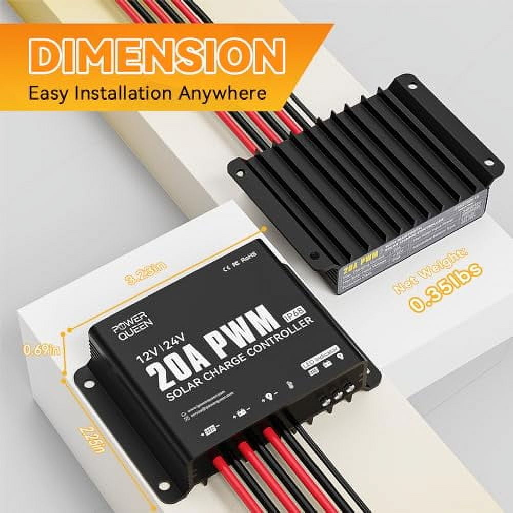 Power Queen 20A 12V/24V PWM IP68 Waterproof Solar Charger Controller with LED Indicators, Ideal ...