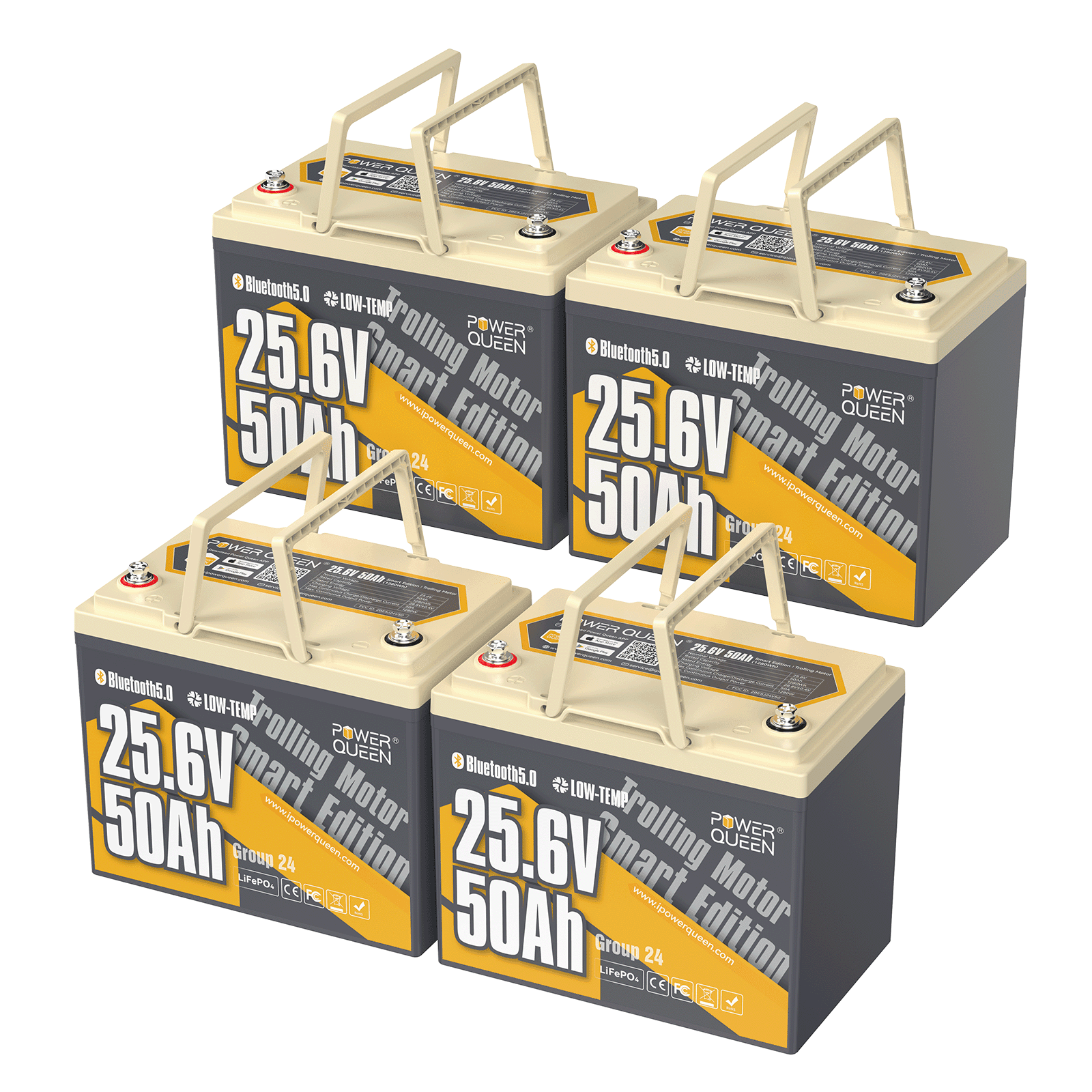 Power Queen 4 Packs 24V 50Ah Bluetooth LiFePO4 Battery for Off-grid ...