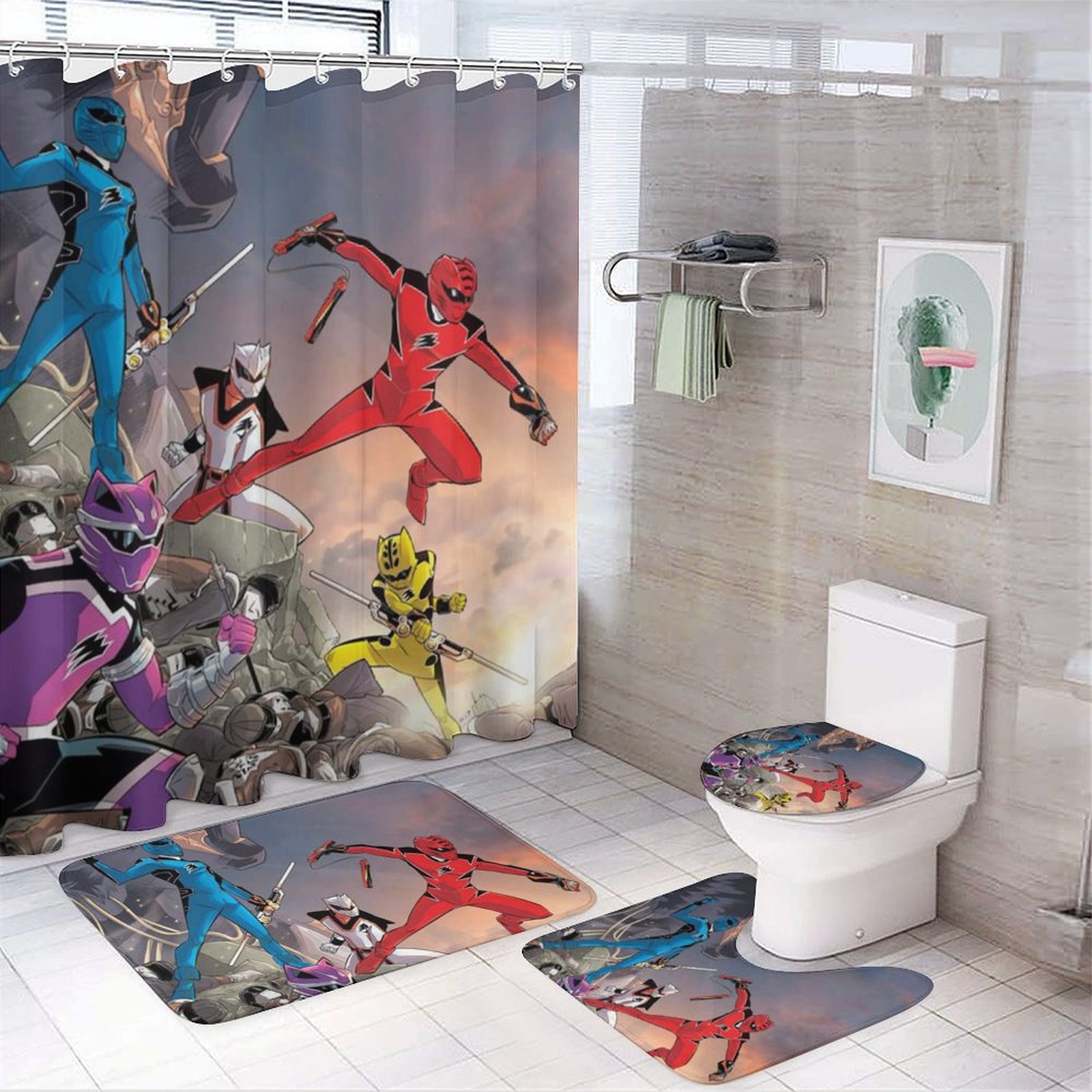 Power Rangers 4PCS Bathroom Sets Shower Curtain Sets with Toilet Lid ...