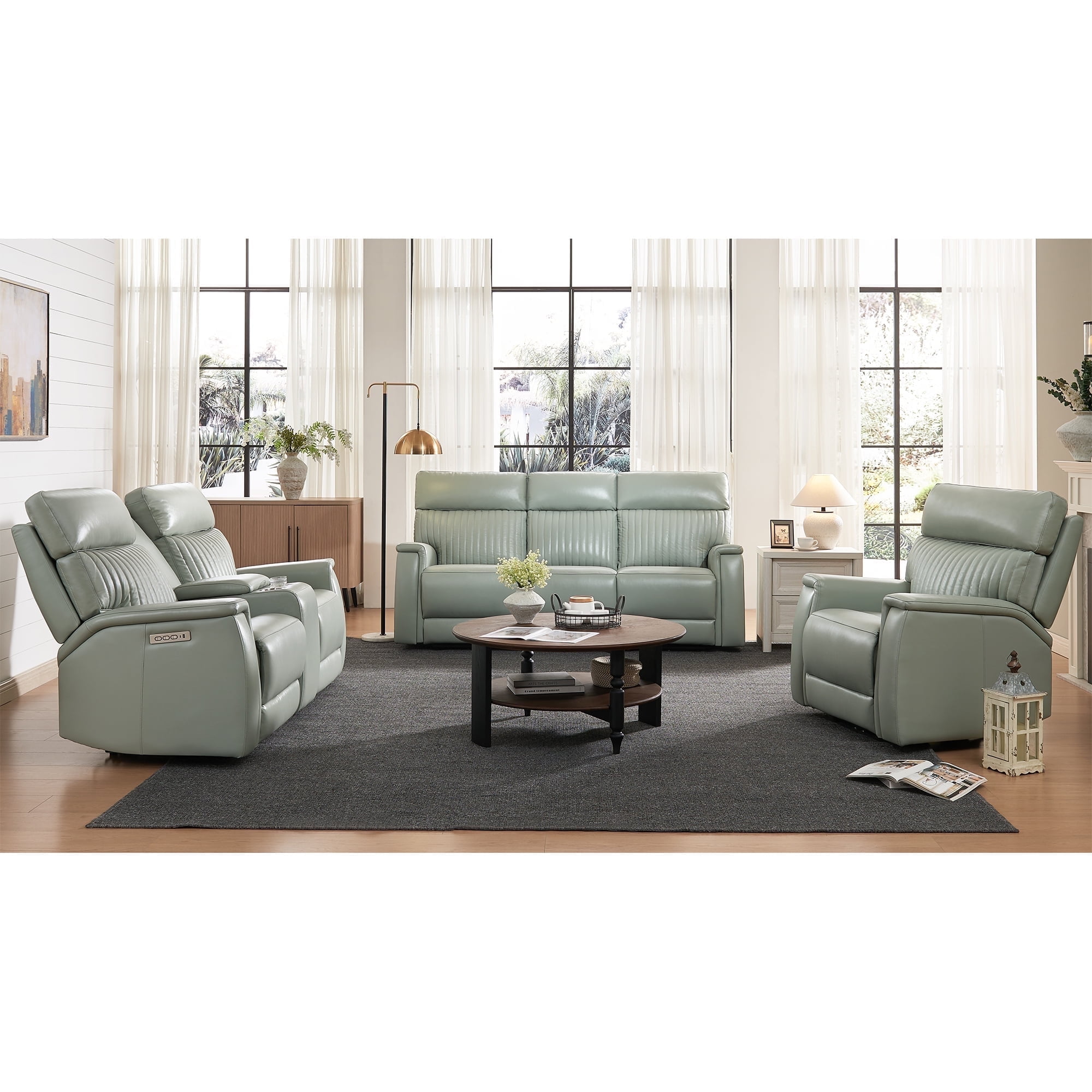 Power Recline Sofa Set Genuine Top Grain Leather Triple-Power Reclining ...