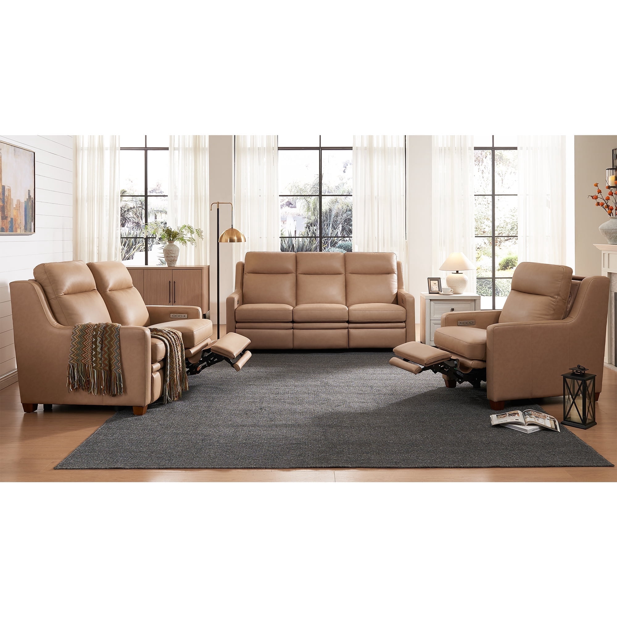 Power Recline Sofa Set Genuine Top Grain Leather Triple-Motor Reclining ...