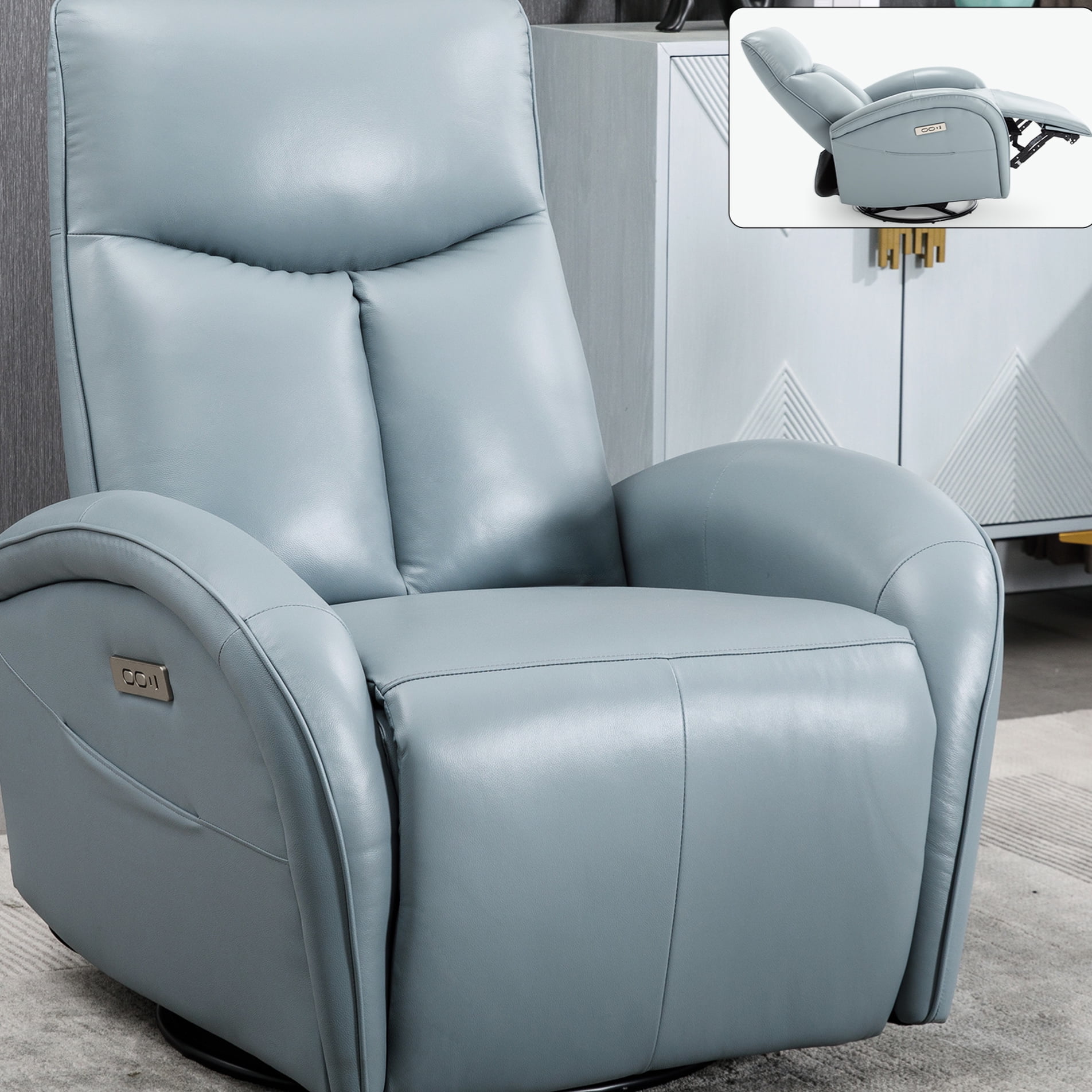 Power Recliner Chair In Blue Genuine Leather With Easy Assembly Process ...