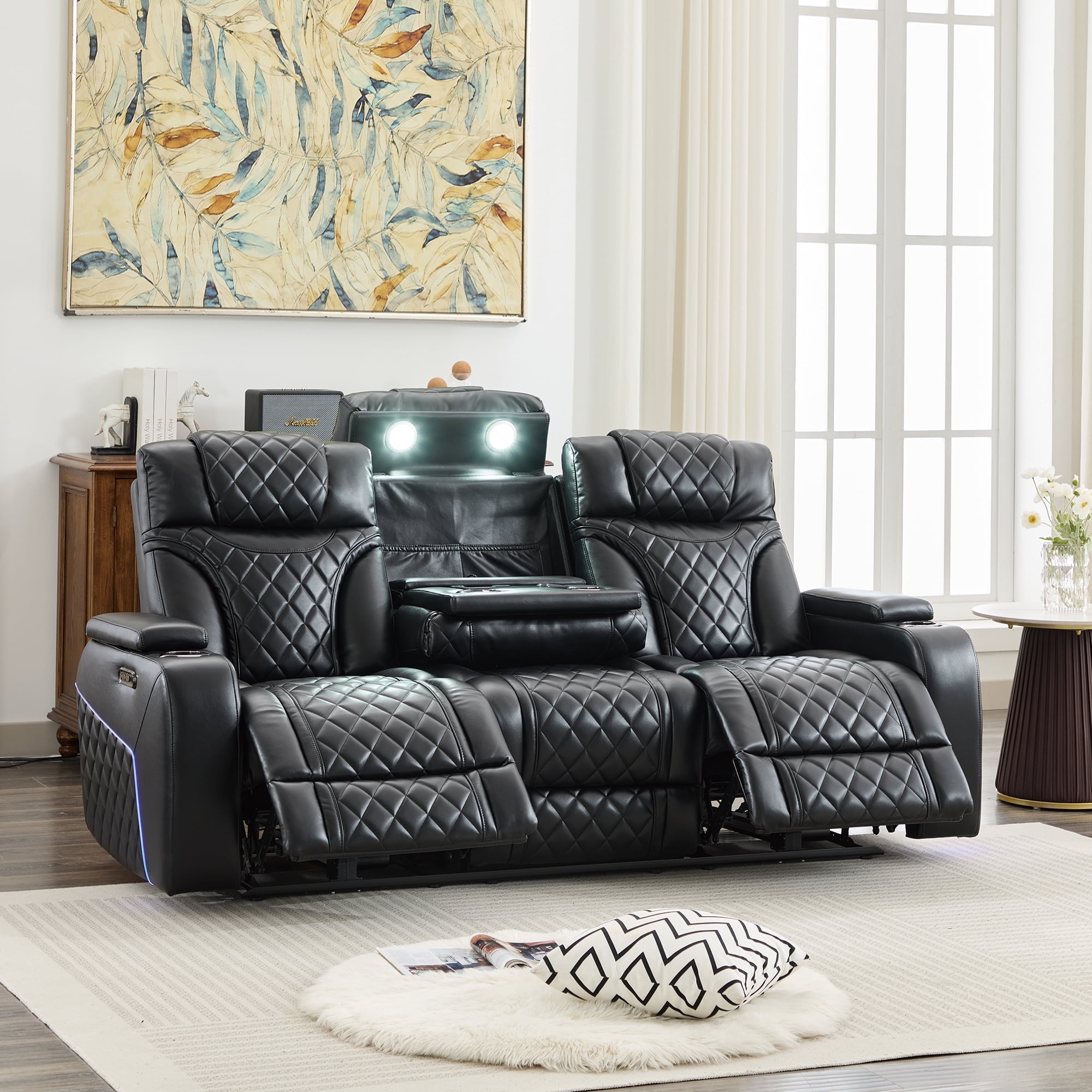 Power Recliner Sofa for Living Room,Black Faux Leather Electric Home ...
