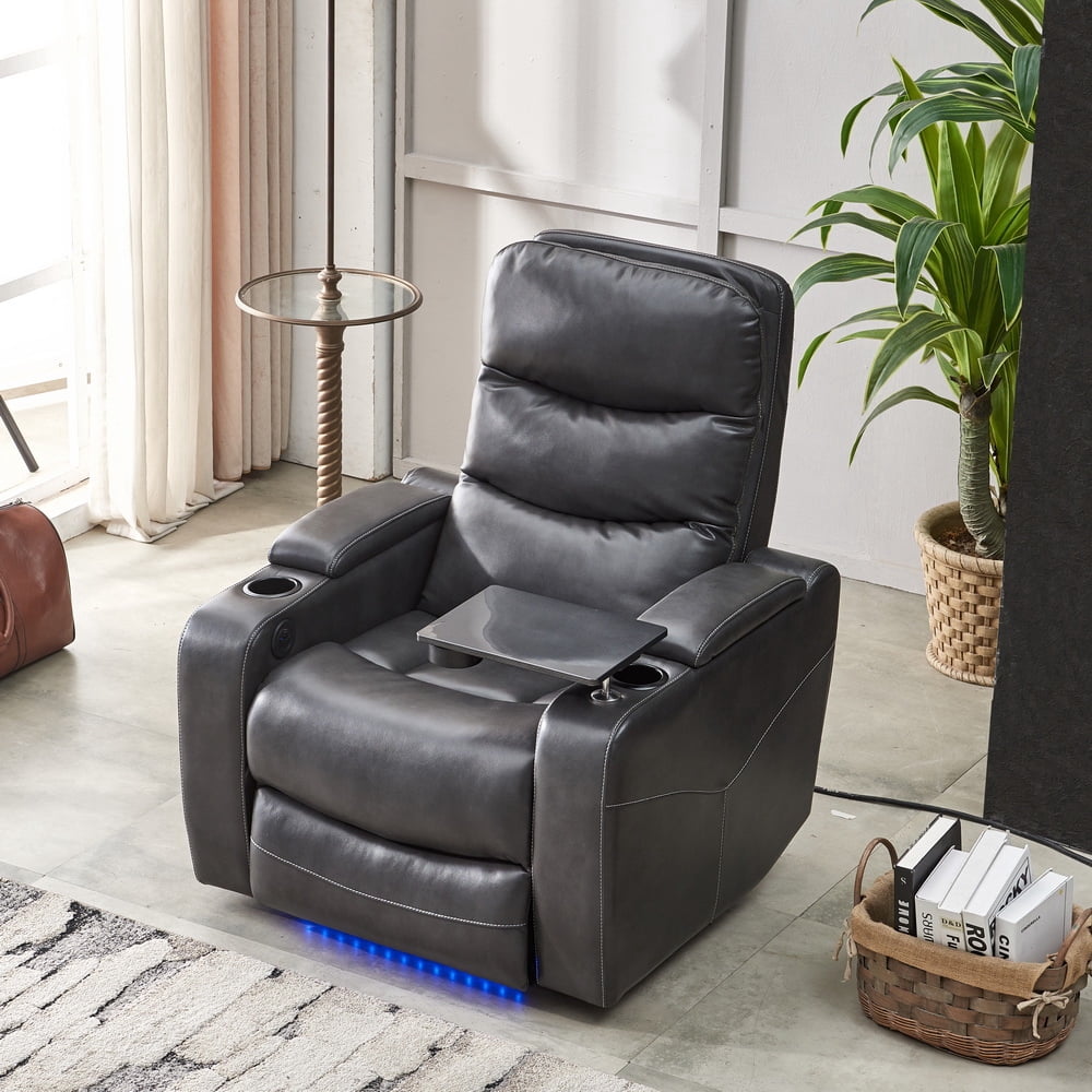 Power Recliner Chair with Swivel Tray Table, Faux Leather Home Theater ...