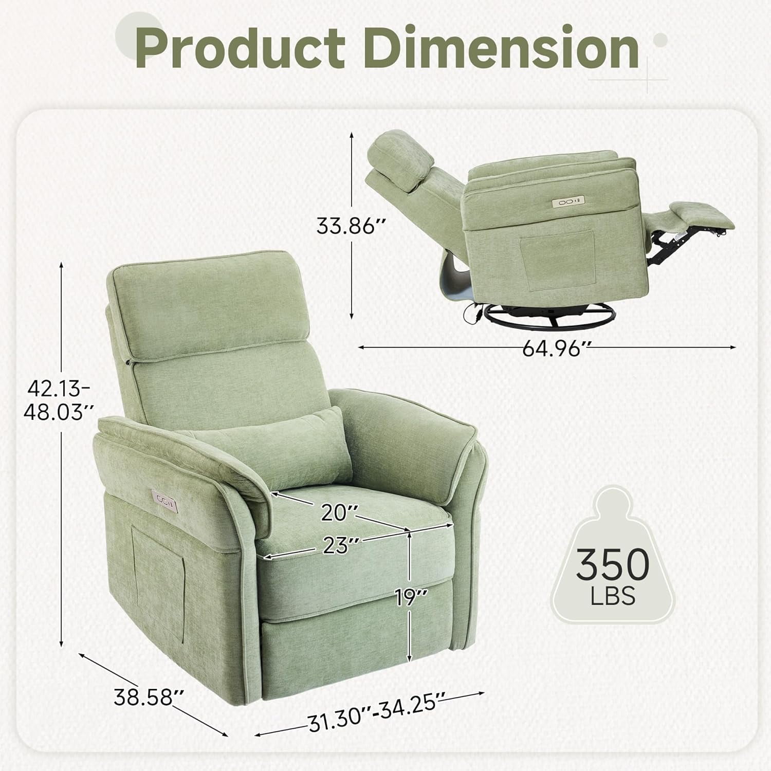 Power Recliner Rocking Chair with Swivel, Adjustable Armrests, Headrest ...