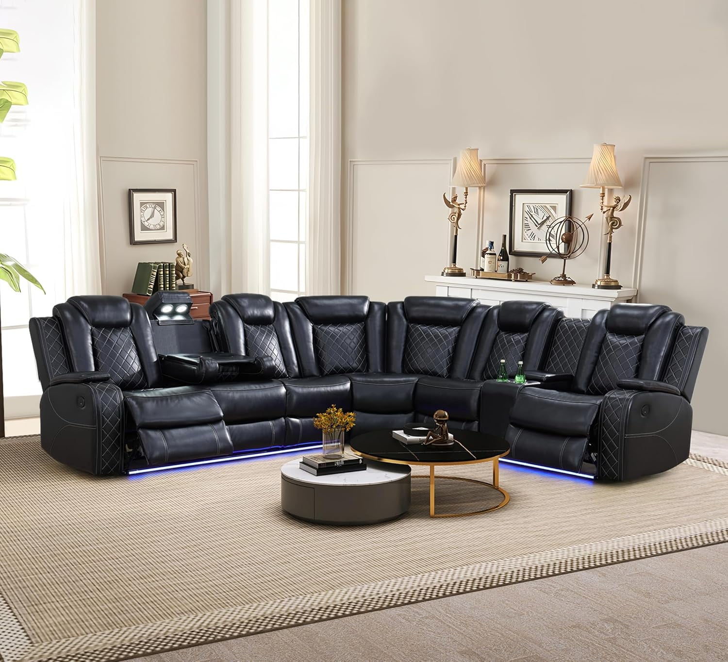 Power Recliner Sectional Sofa with LED Light, Breathing Leather Power ...