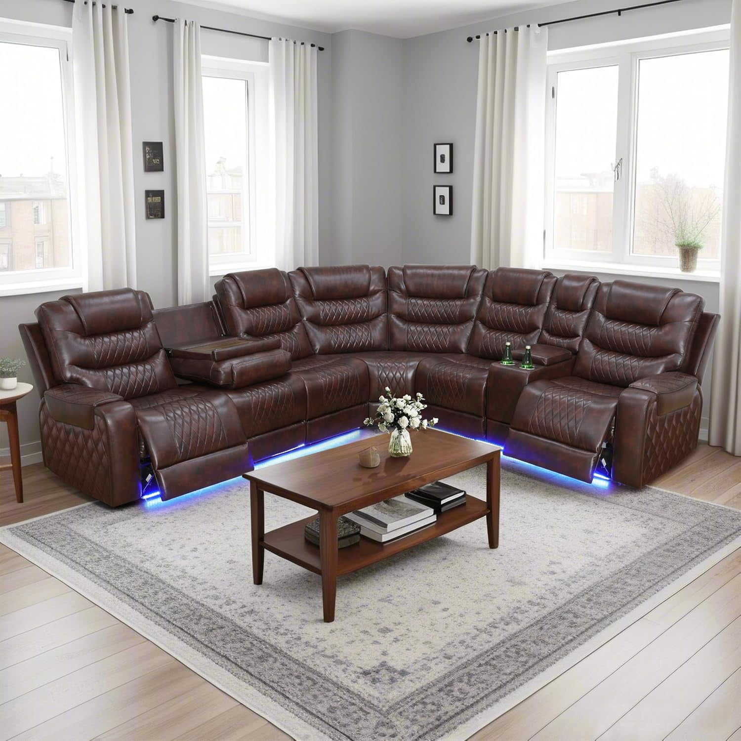 Power Recliner Sectional Sofa Set with LED Light, Breathing Leather ...