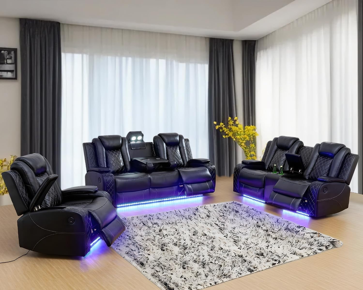 Power Recliner Sofa Set with LED, Breathing Leather Living Room ...