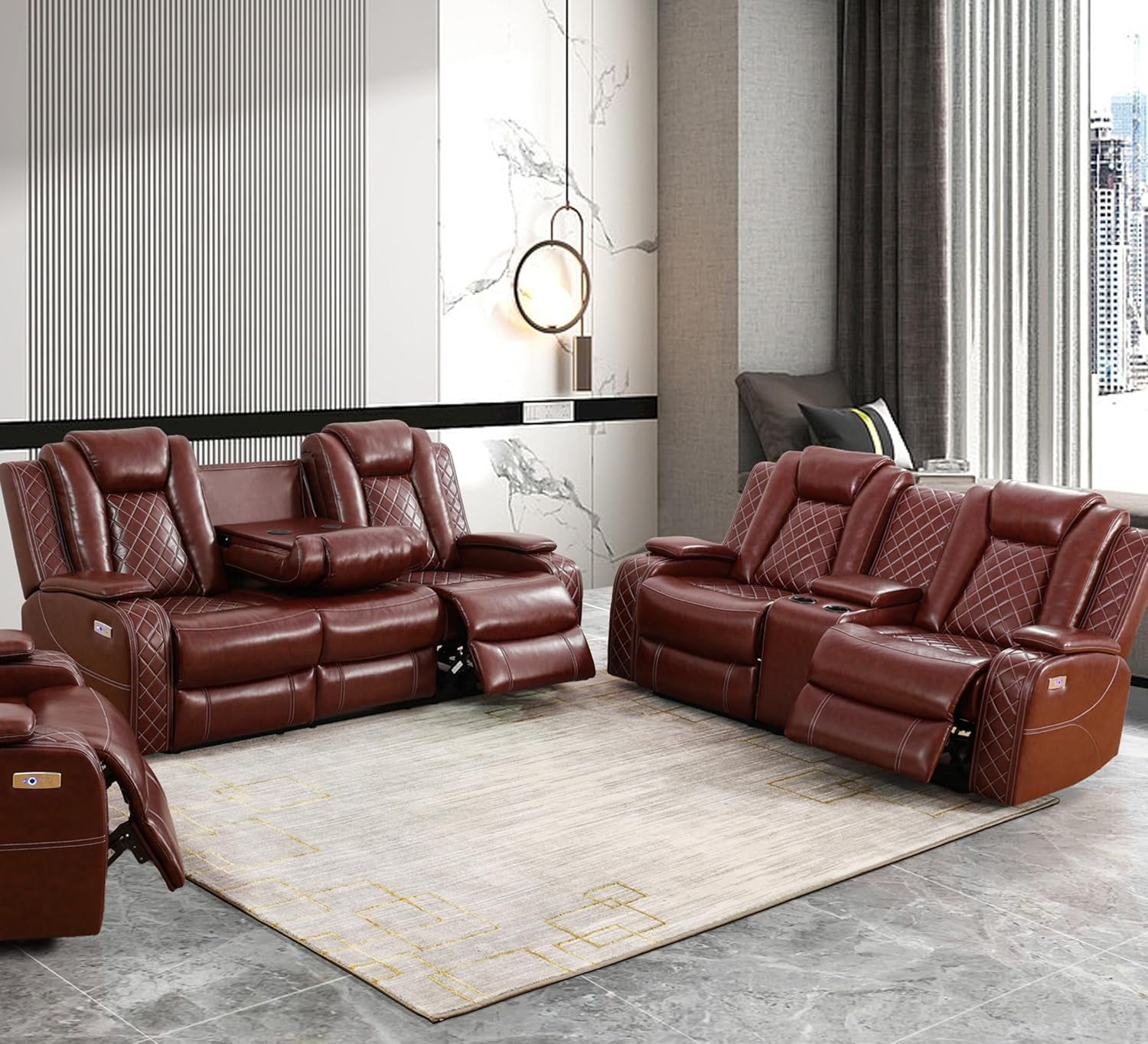 Power Recliner Sofa Set with LED, Leather Reclining Sofa and Loveseat Set, Living Room Furniture ...