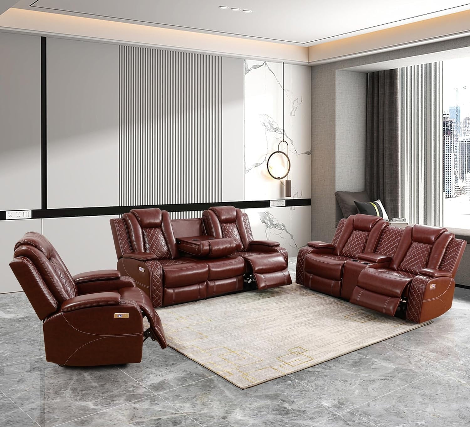 Power Recliner Sofa Set with LED, Leather Reclining Sofa Set, Living ...