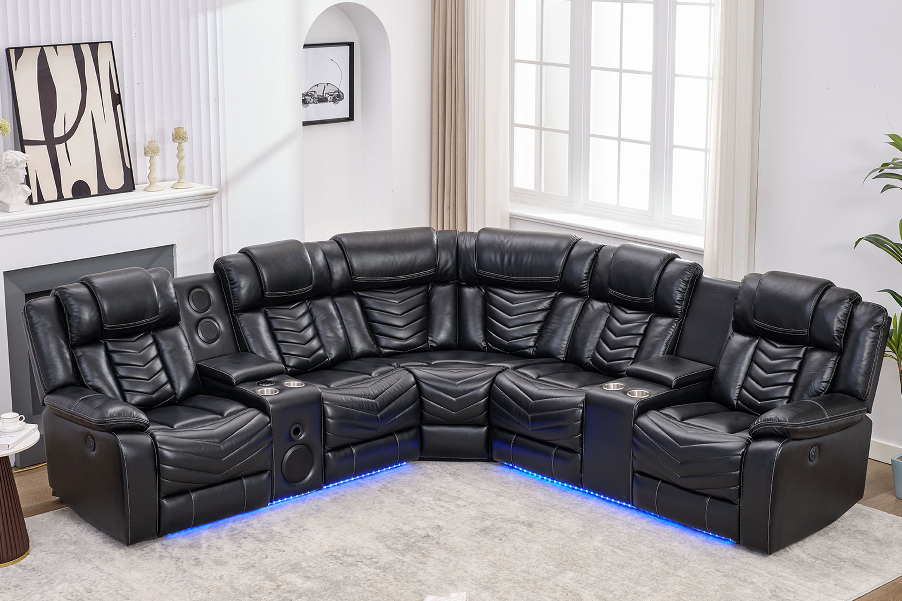 Power Recliner Sofa Sets with Speaker for Living Room Gray Faux Leather ...