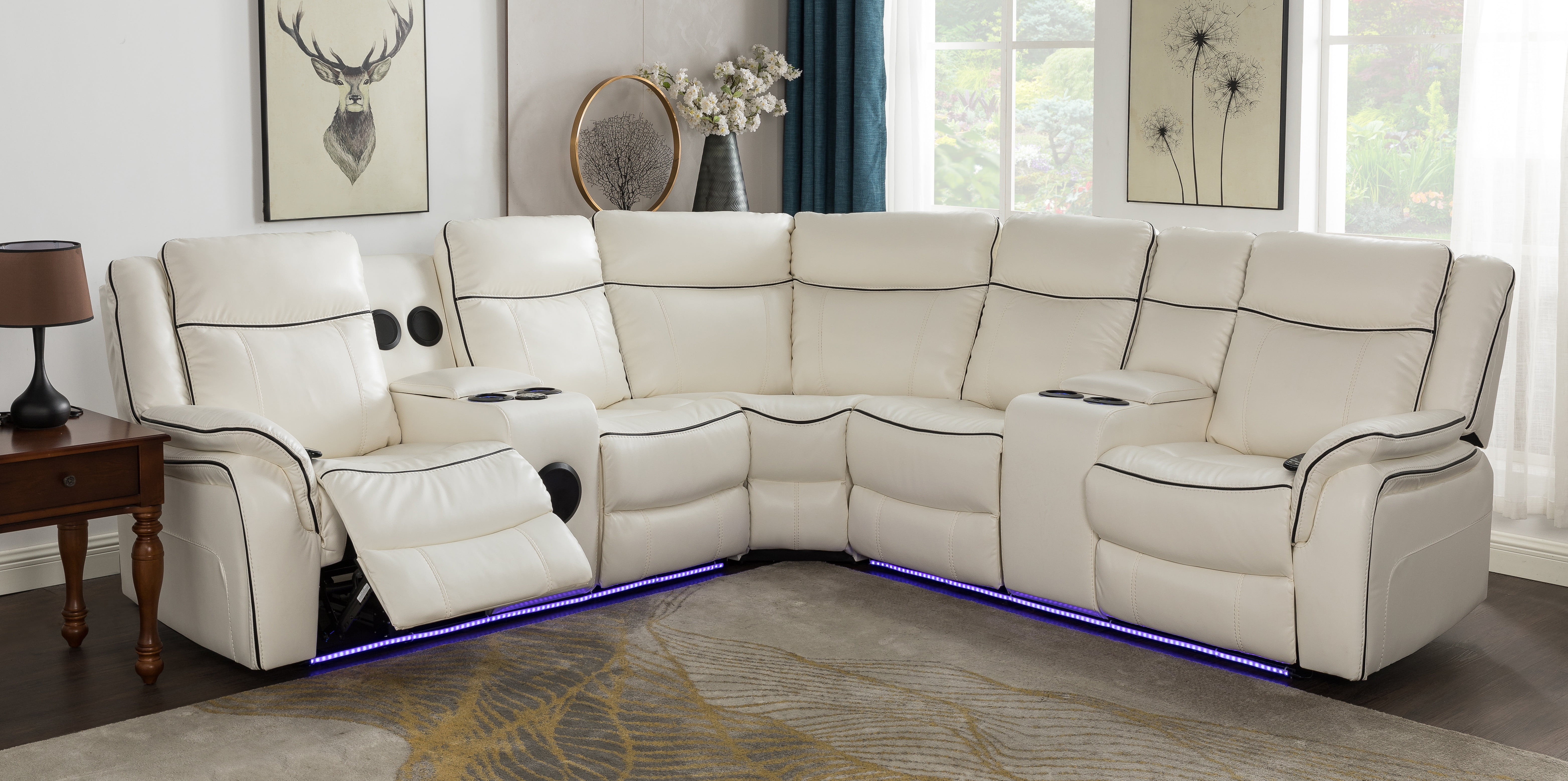 Power Reclining Sectional Sofa with Bluetooth Speakers, Gel Leather ...