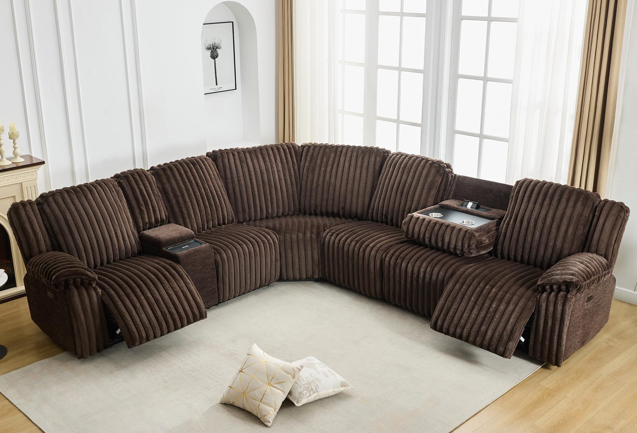 Power Reclining Sectional Sofa with Wireless Charger,6-Seater Faux Fur ...