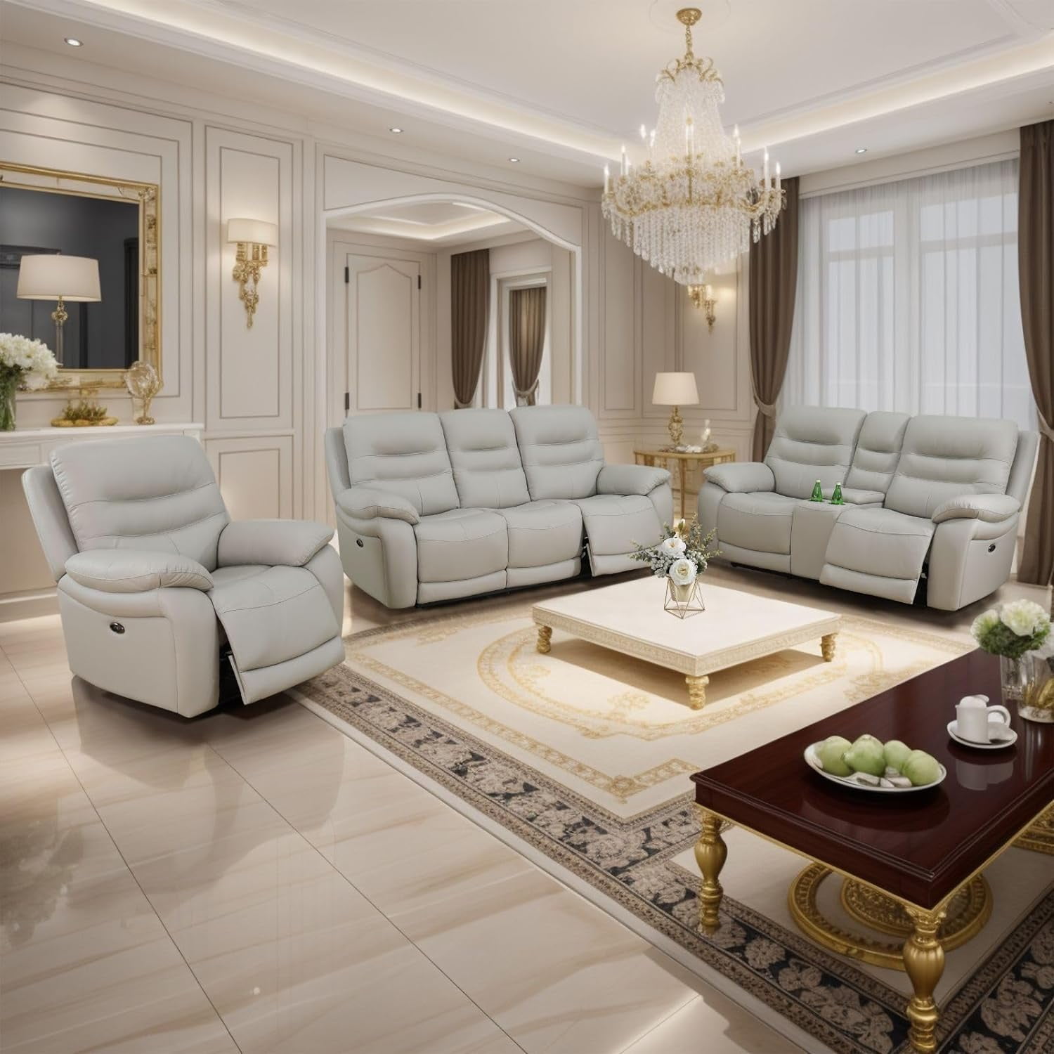 Power Reclining Sofa Set, Genuine Leather Recliner Couch Set, 3 Pieces ...