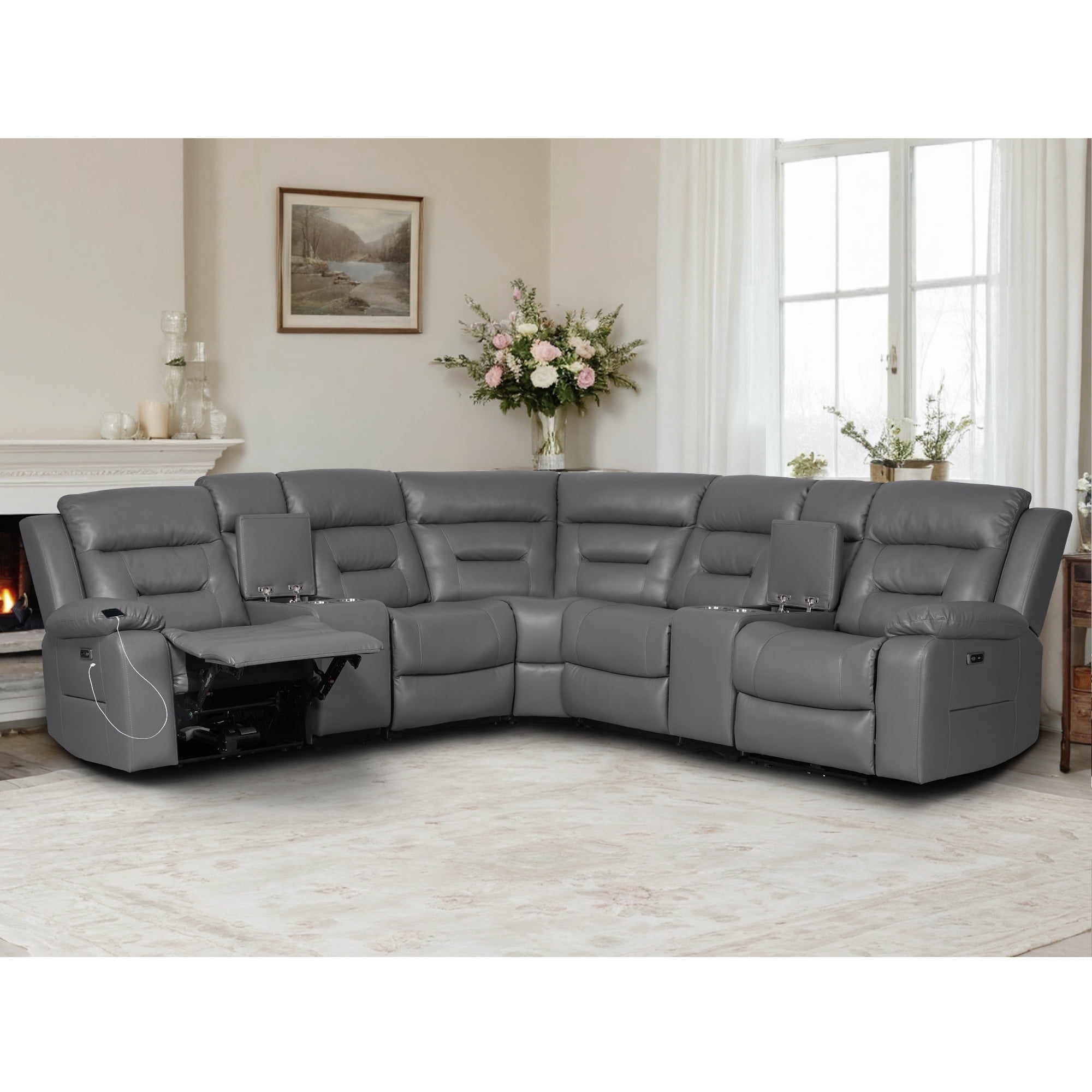 Power Sectional Reclining Sofa, Faux Leather Sectional Couches for ...