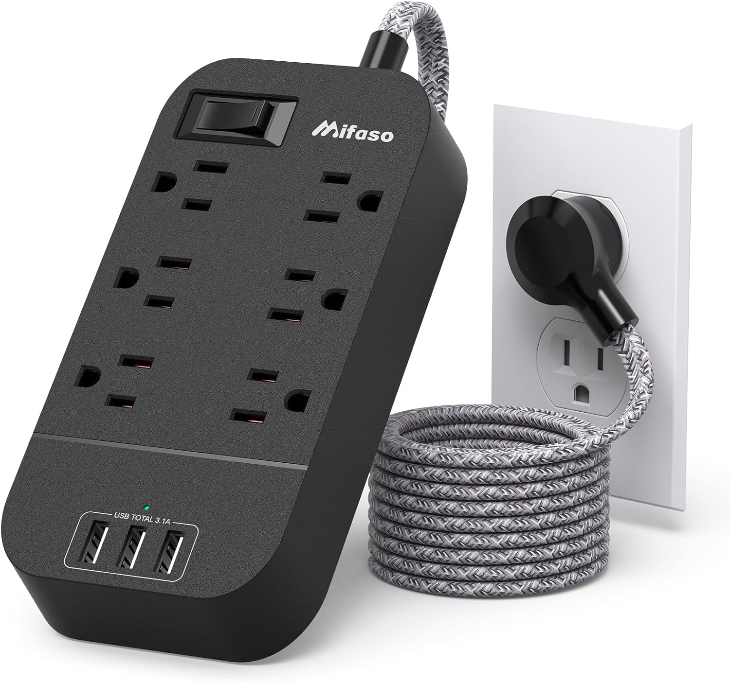 Power Strip - 10 FT Long Flat Plug Extension Cord, 6 Outlets 3 USB ...