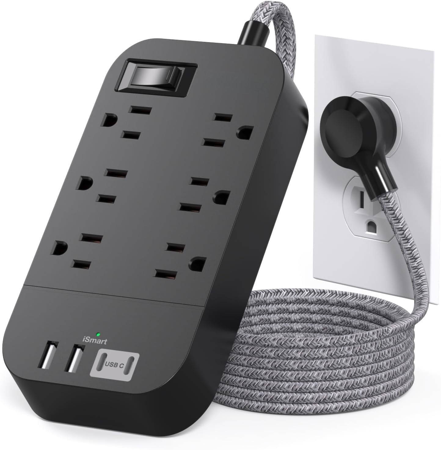Power Strip - 10 FT Long Flat Plug Extension Cord, 6 Outlets 4 Ports (2 ...