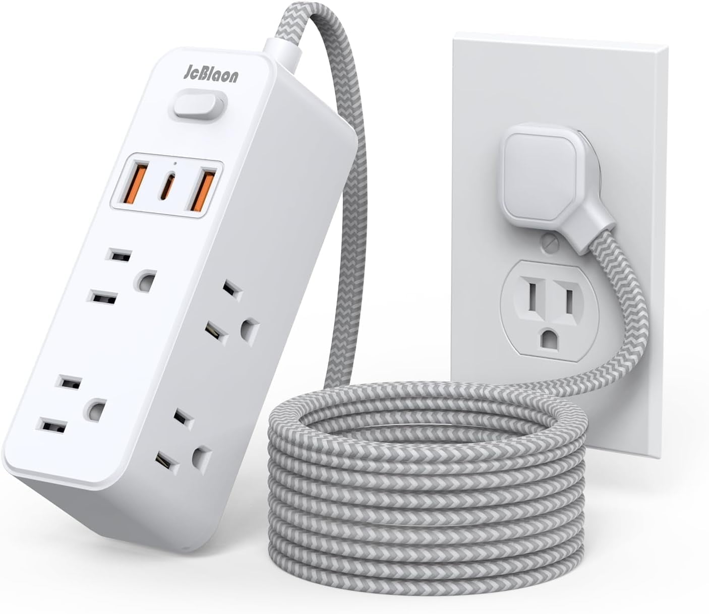 Power Strip 10FT Long Braided Extension Cord with Flat Plug 6 AC ...