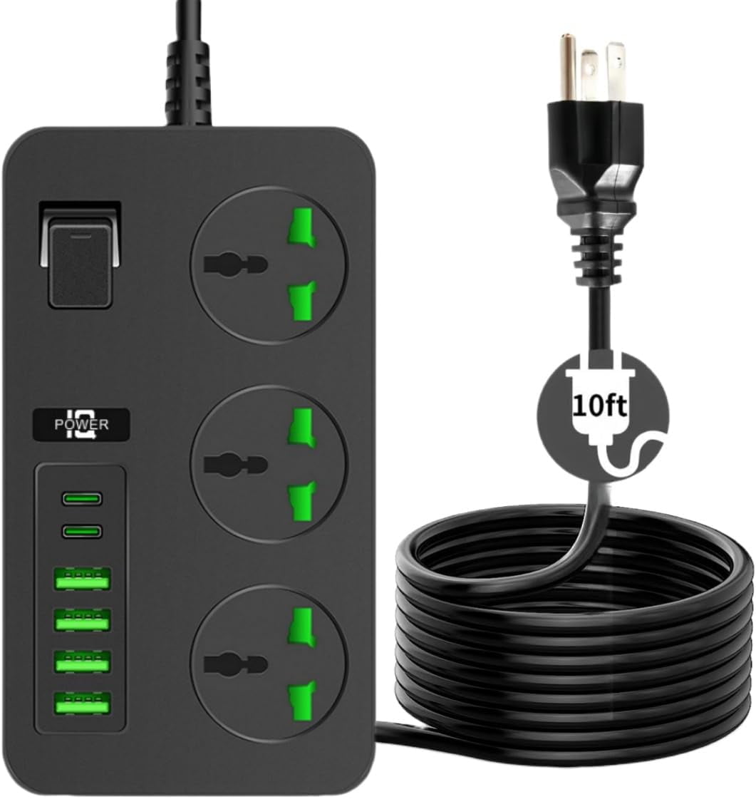 Power Strip 10ft with 4 USB Ports 2 USB C 3 Wide AC Outlets, Black ...