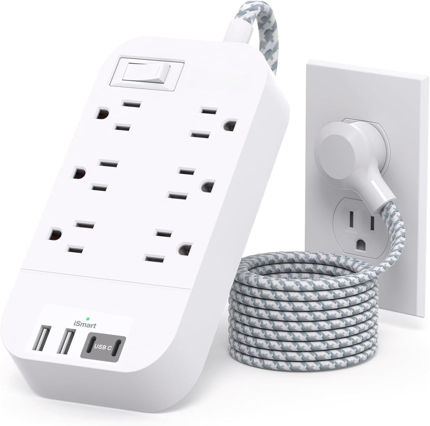Power Strip - 15 FT Long Flat Plug Extension Cord, 6 Outlets 4 Ports(2 ...