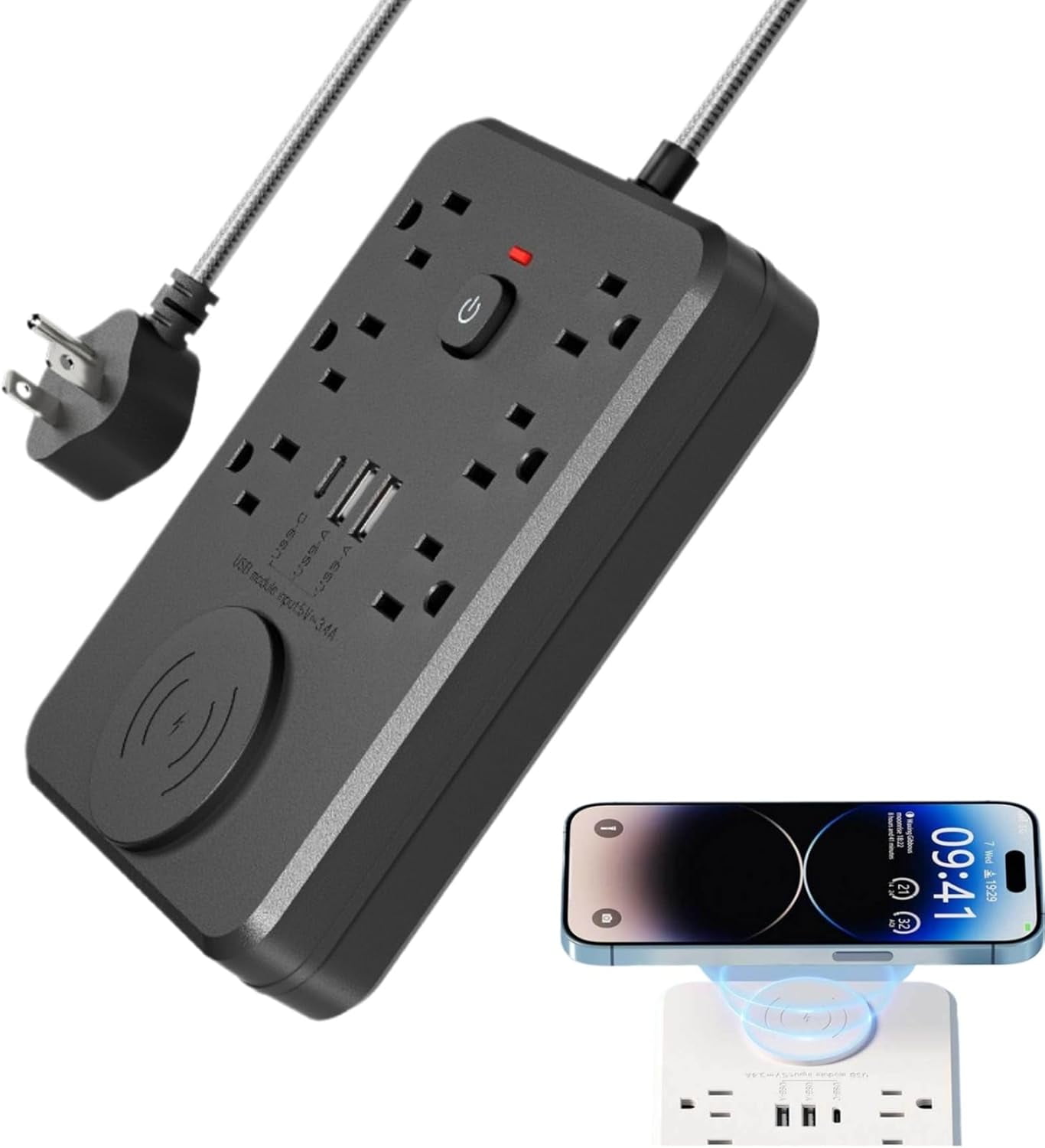 Power Strip with 6 Outlets & 3 USB (2A+1C), 15W Qi Wireless Charger ...