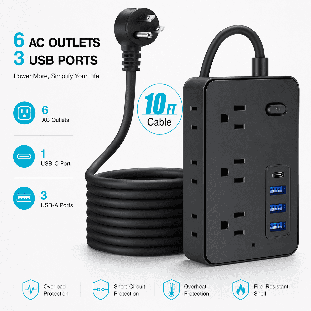 BOHASHIN Power Strip Extension Cord, 10ft Cord, 6 Outlets, 4 USB Ports ...