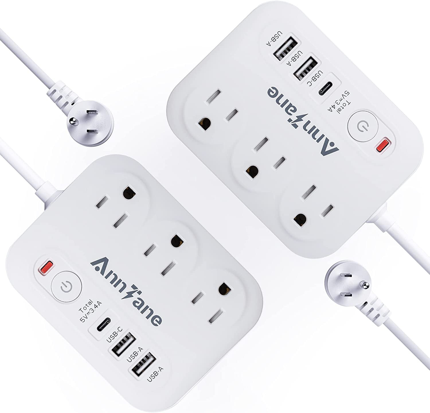 AnnTane Flat Plug Power Strip Surge Protector with 3 Outlets & 3 USB ...