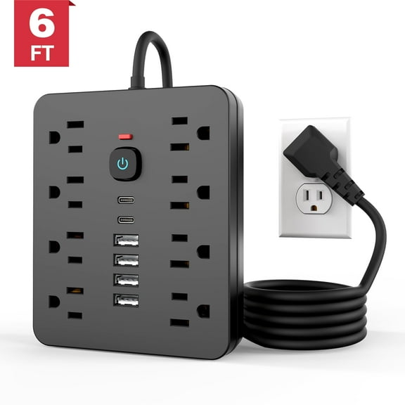 25 Ft Extension Cord Flat Plug, 12 Outlets(2 Widely Space) 3 USB with ...