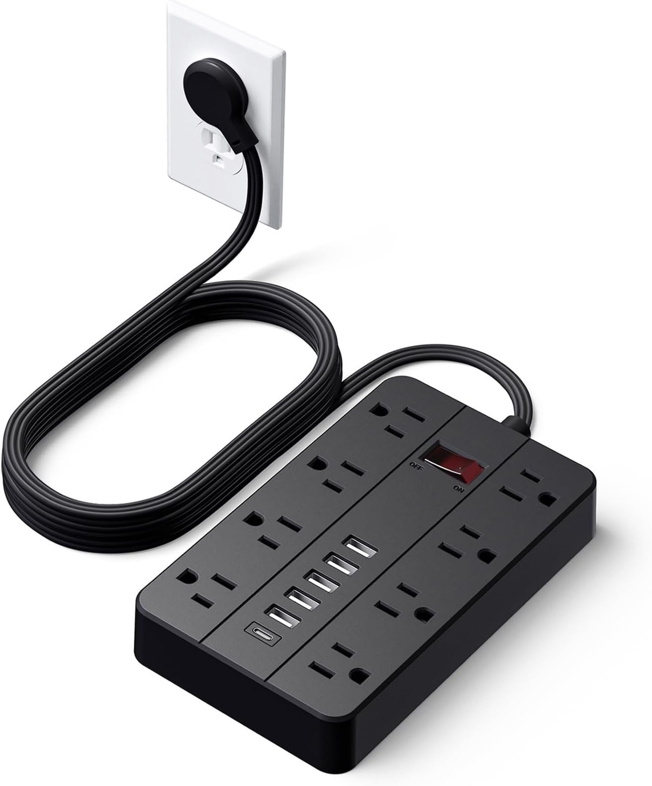 Power Strip Surge Protector, Flat Plug 10 Ft Long Extension Cord with 8 ...