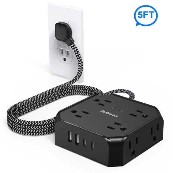 JcBlaon Power Strip Surge Protector, Flat Plug 5ft Extension Cord, 6 ...