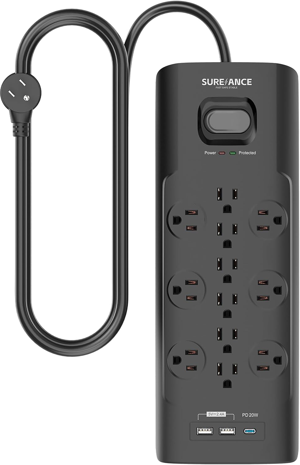 Power Strip Surge Protector with 20W PD USB-C, 1875W/15A, 4100J, 6FT ...
