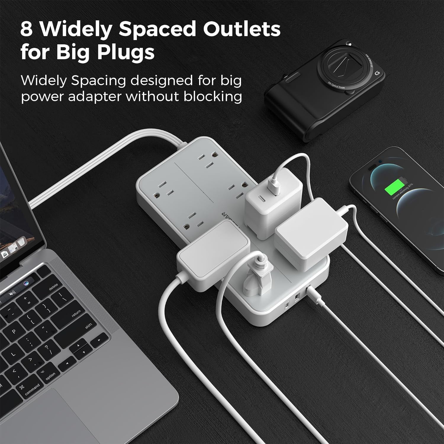 Power Strip Surge Protector with 8 Outlets 3 USB Ports, 1080J , Flat ...