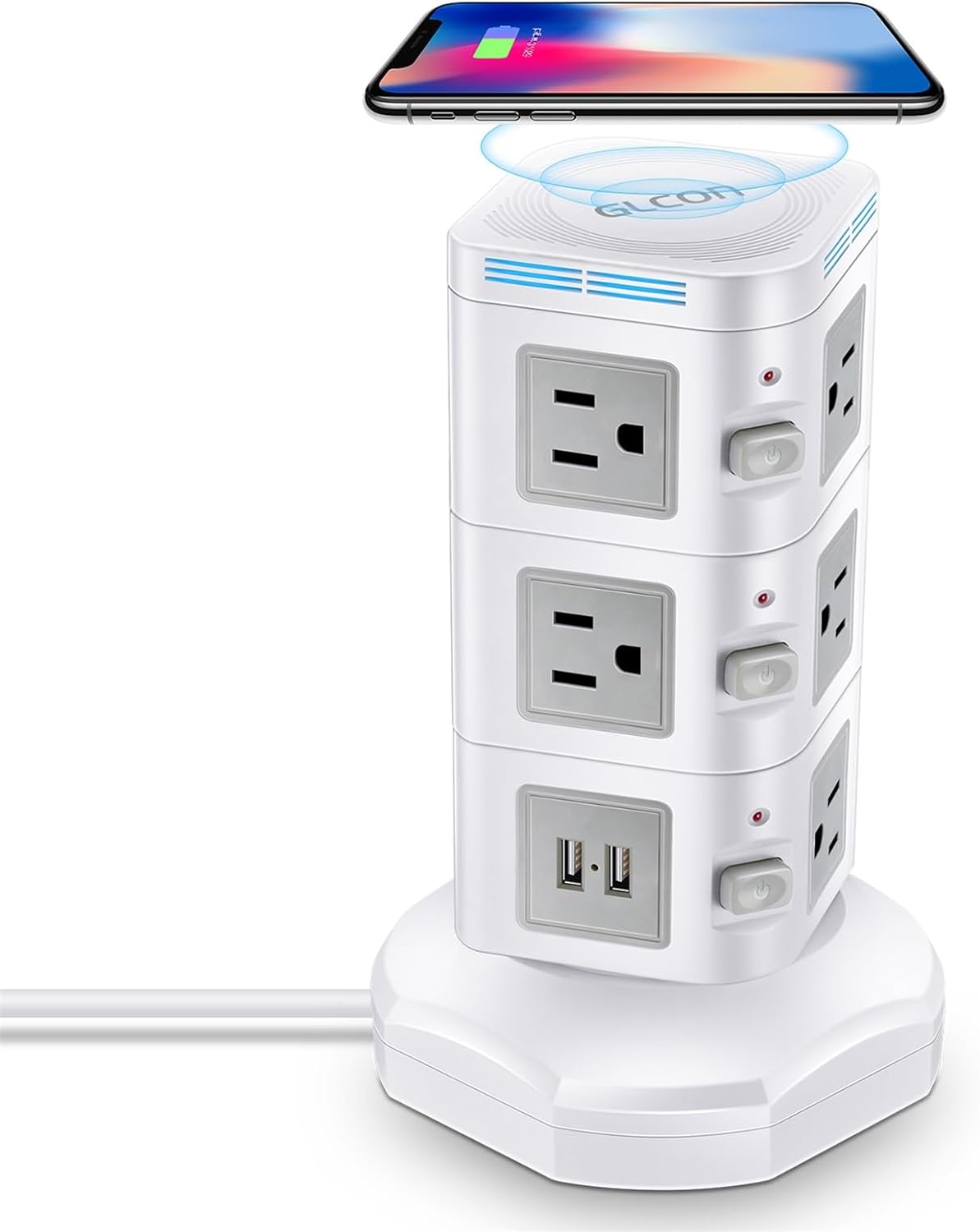 Power Strip Tower with 15W Fast Wireless Charger, 1800J Surge Protector, Max 13A, 4 USB Ports+10 ...