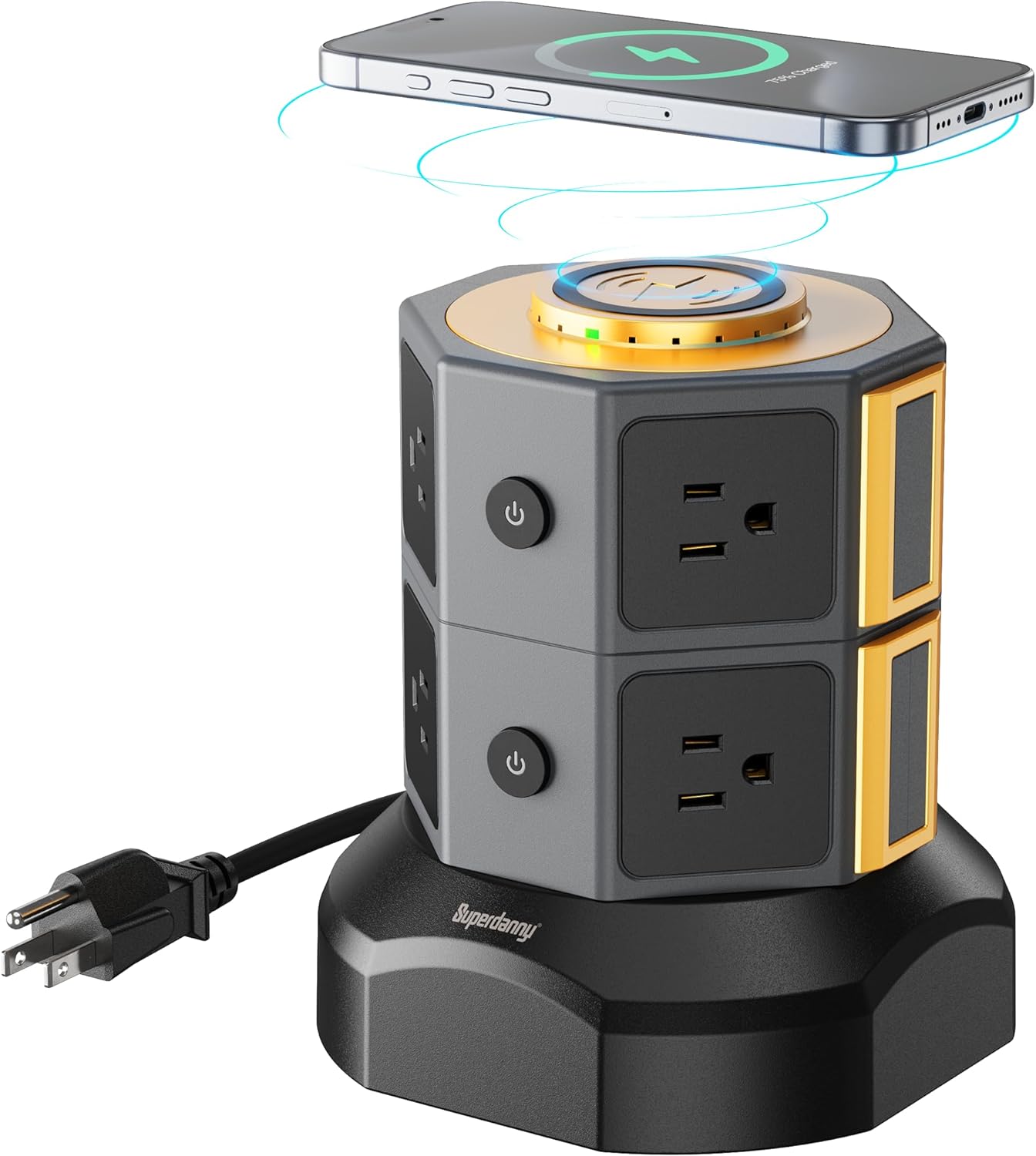 Power Strip Tower with 15W Wireless Charger, 6.5Ft Retractable ...