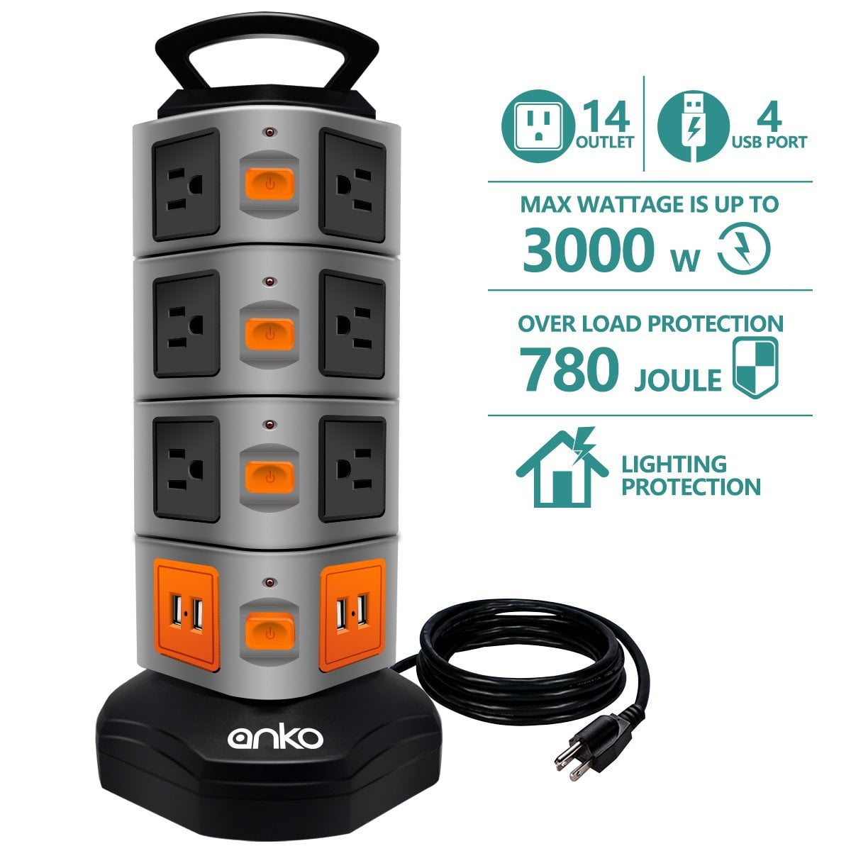 ANKO Power Strip Tower, 3000W 13A Surge Protector, 14 Outlets, 4 USB ...