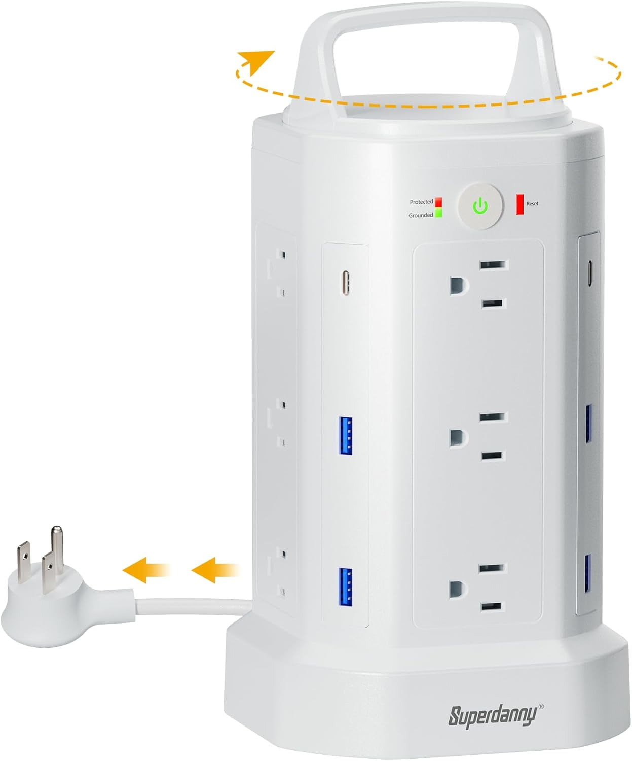 Power Strip Tower, Handle Cord Retracting, 2100J Surge Protector, 12 Widely Spaced AC Outlets 6 ...