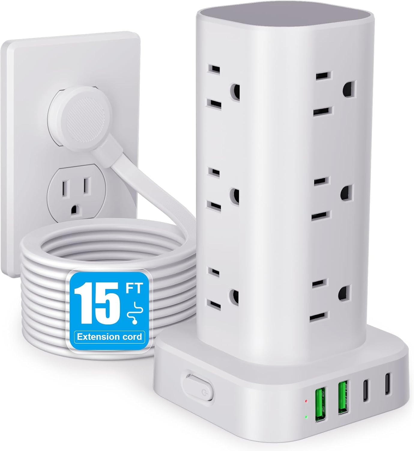 Power Strip Tower with Multiple Outlets — 12 AC Outlets, 4 USB Ports (2 ...