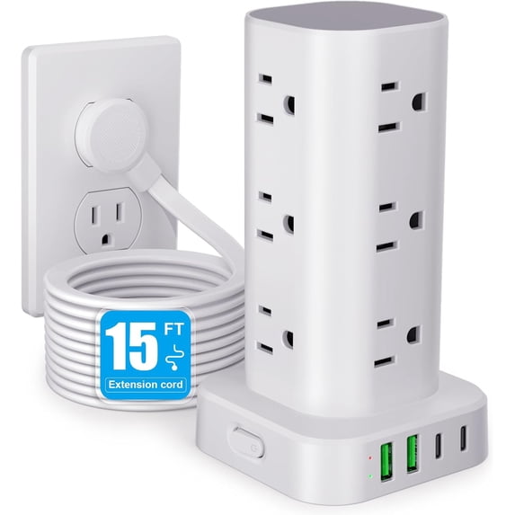 Power Strip Tower with Multiple Outlets — 12 AC Outlets, 4 USB Ports (2 ...