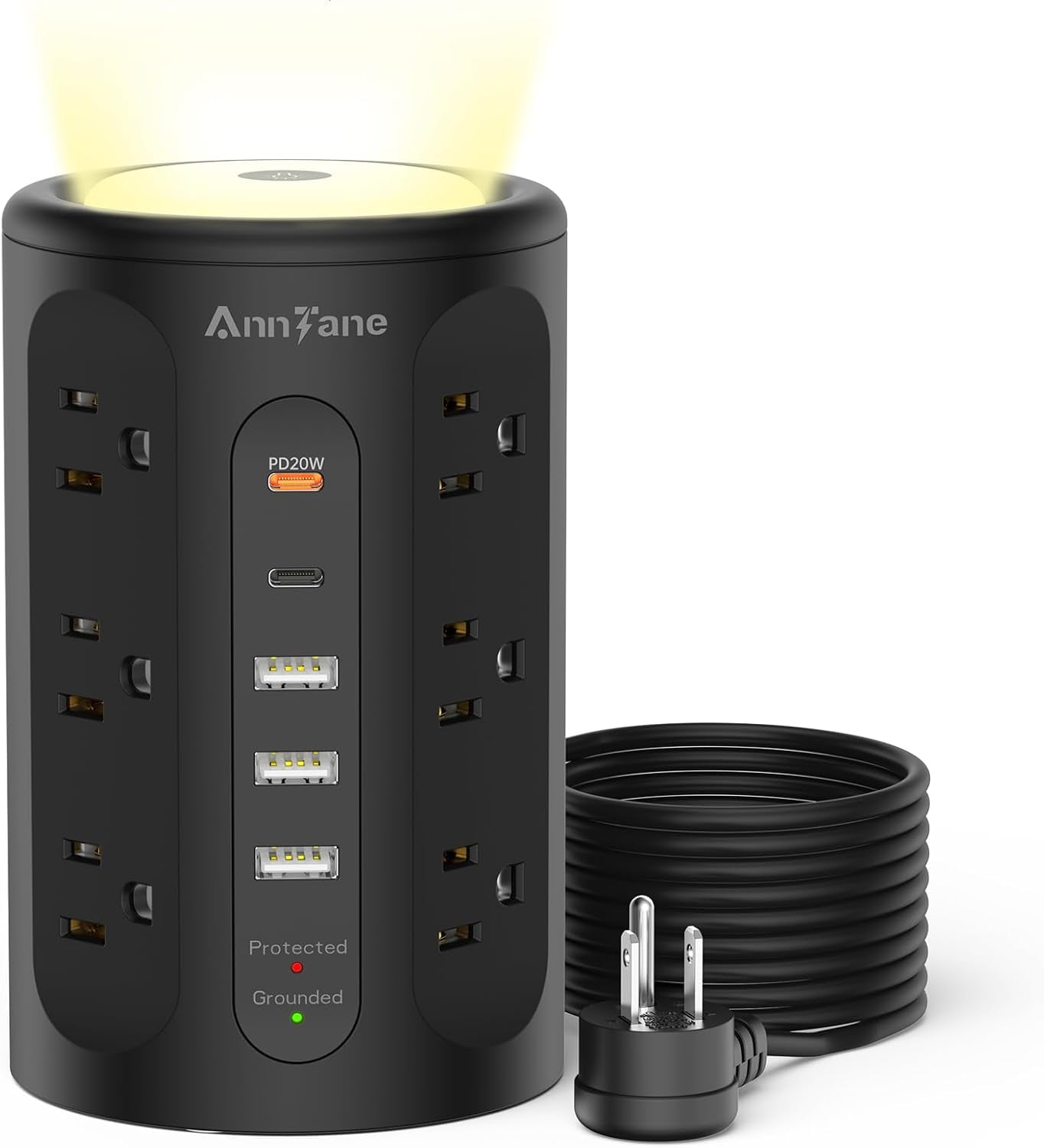 Power Strip Tower with Night Light, PD 20W Power Strip Surge Protector ...