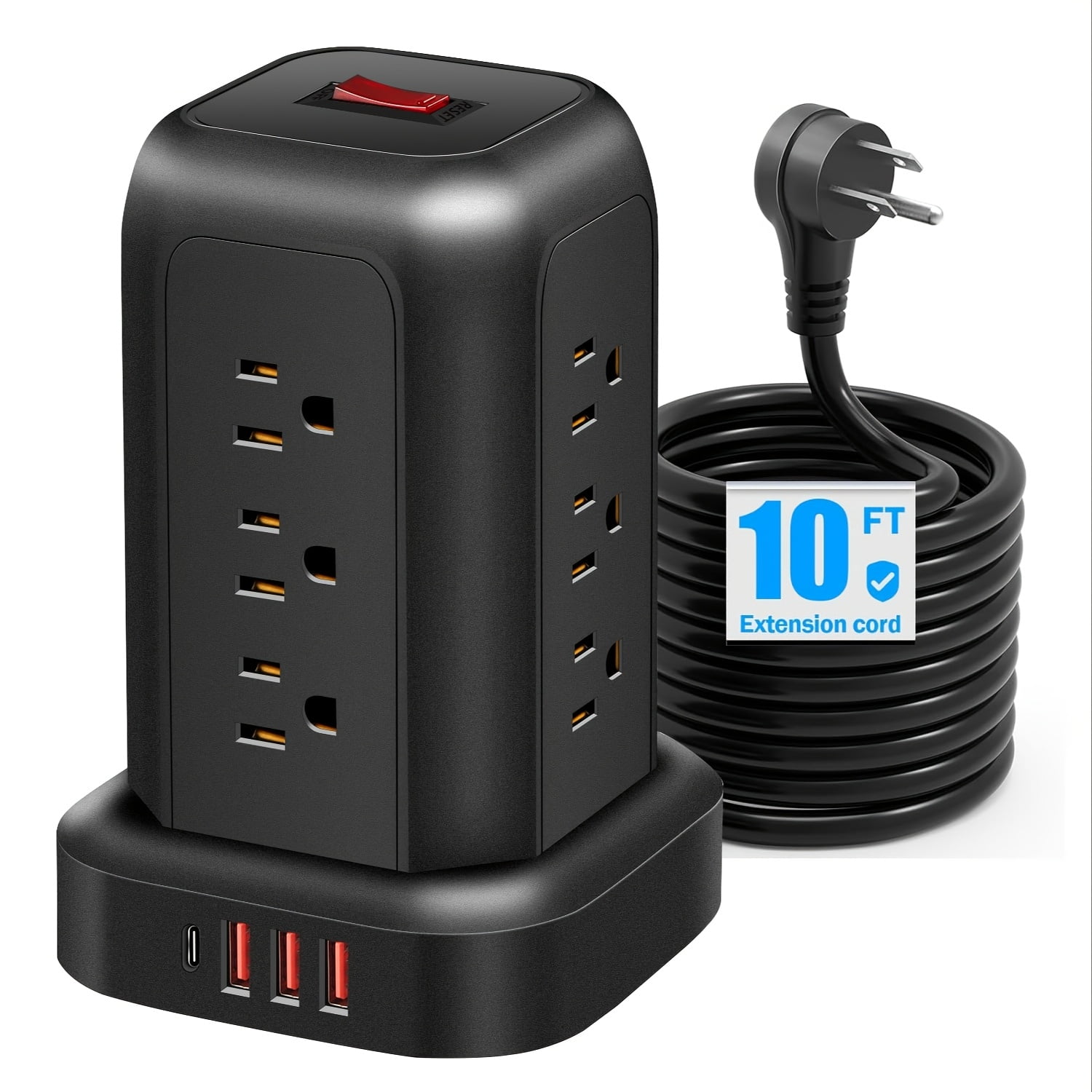 Power Strip Tower Surge Protector, Desktop Charging Station, 10ft ...