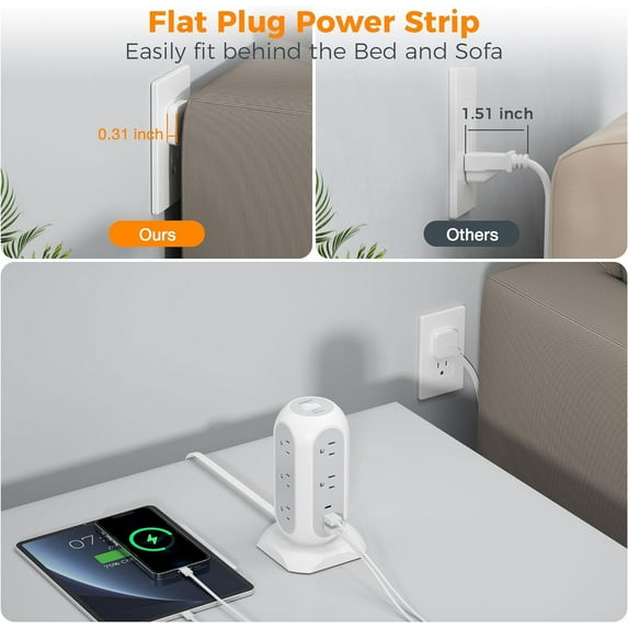 Power Strip Tower with Surge Protection, 6 Feet Flat Plug Extension ...
