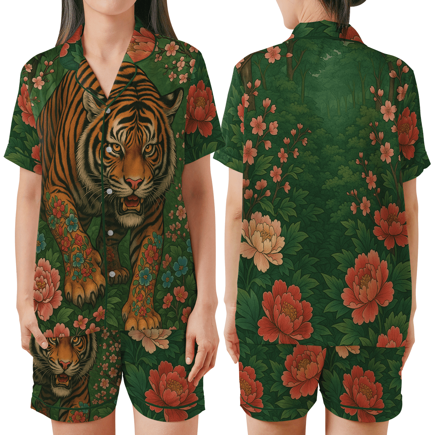 Power Tattoo Tiger Floral Satin Pajamas Set, Wild Jungle All Over Print ...