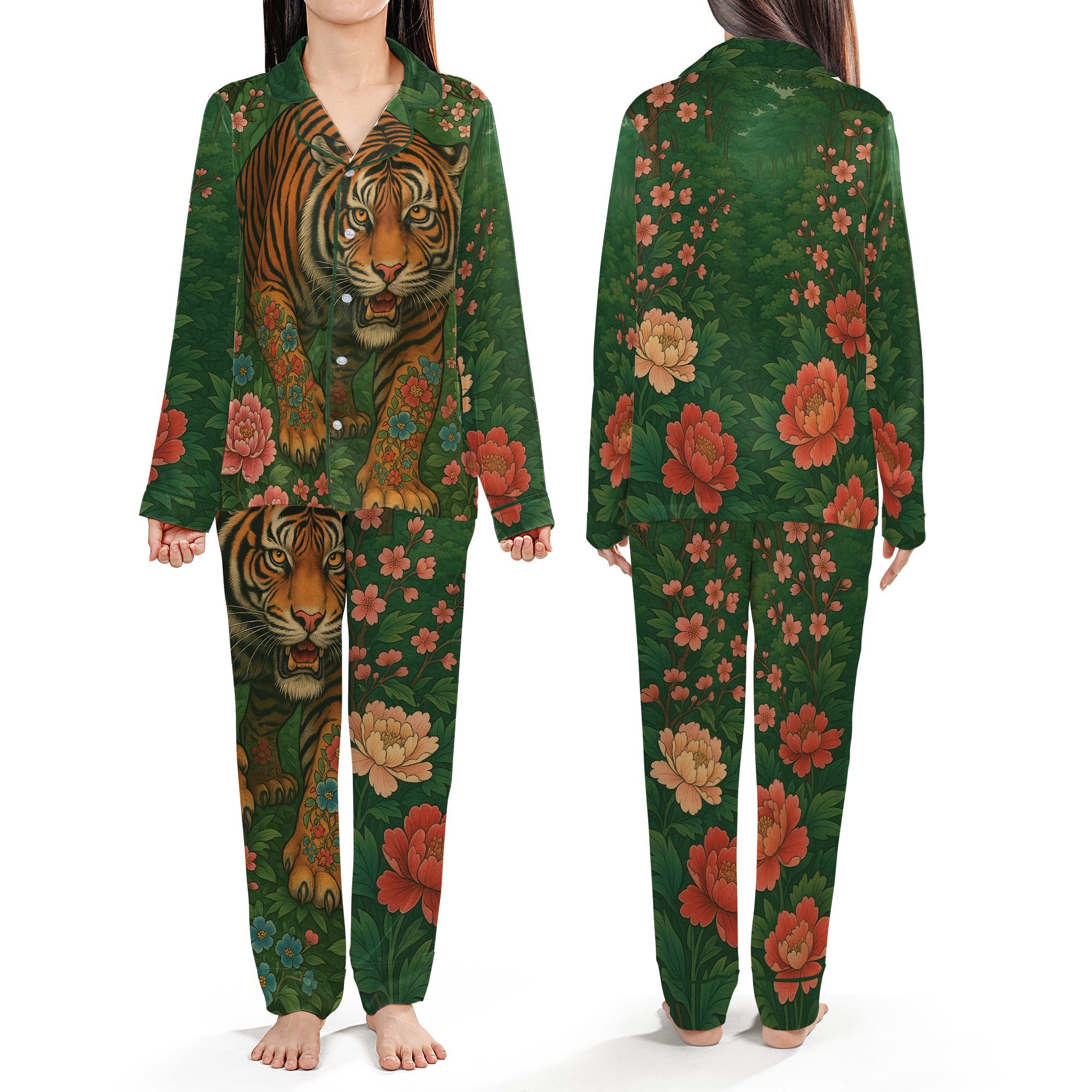 Power Tattoo Tiger Floral Satin Pajamas Set, Wild Jungle All Over Print ...