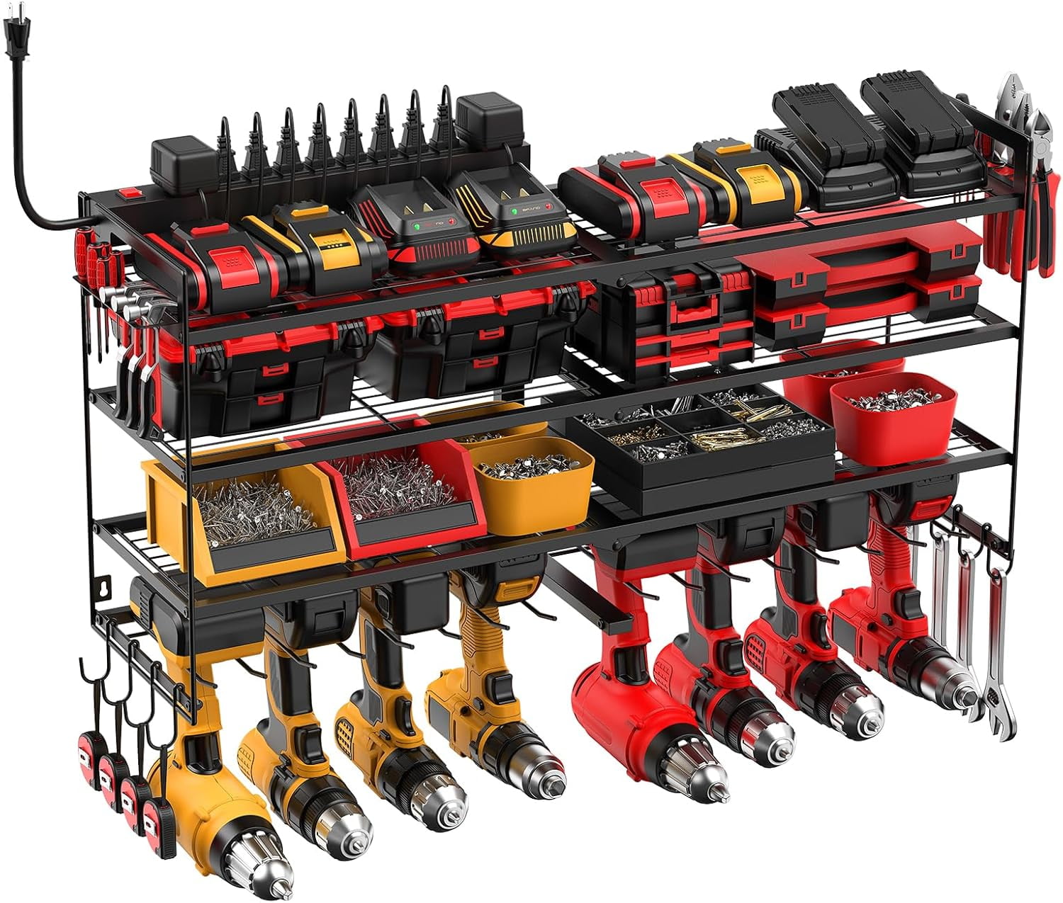 Power Tool Organizer with 10 Outlet Power Strip, 4 Layer Wall Mount ...